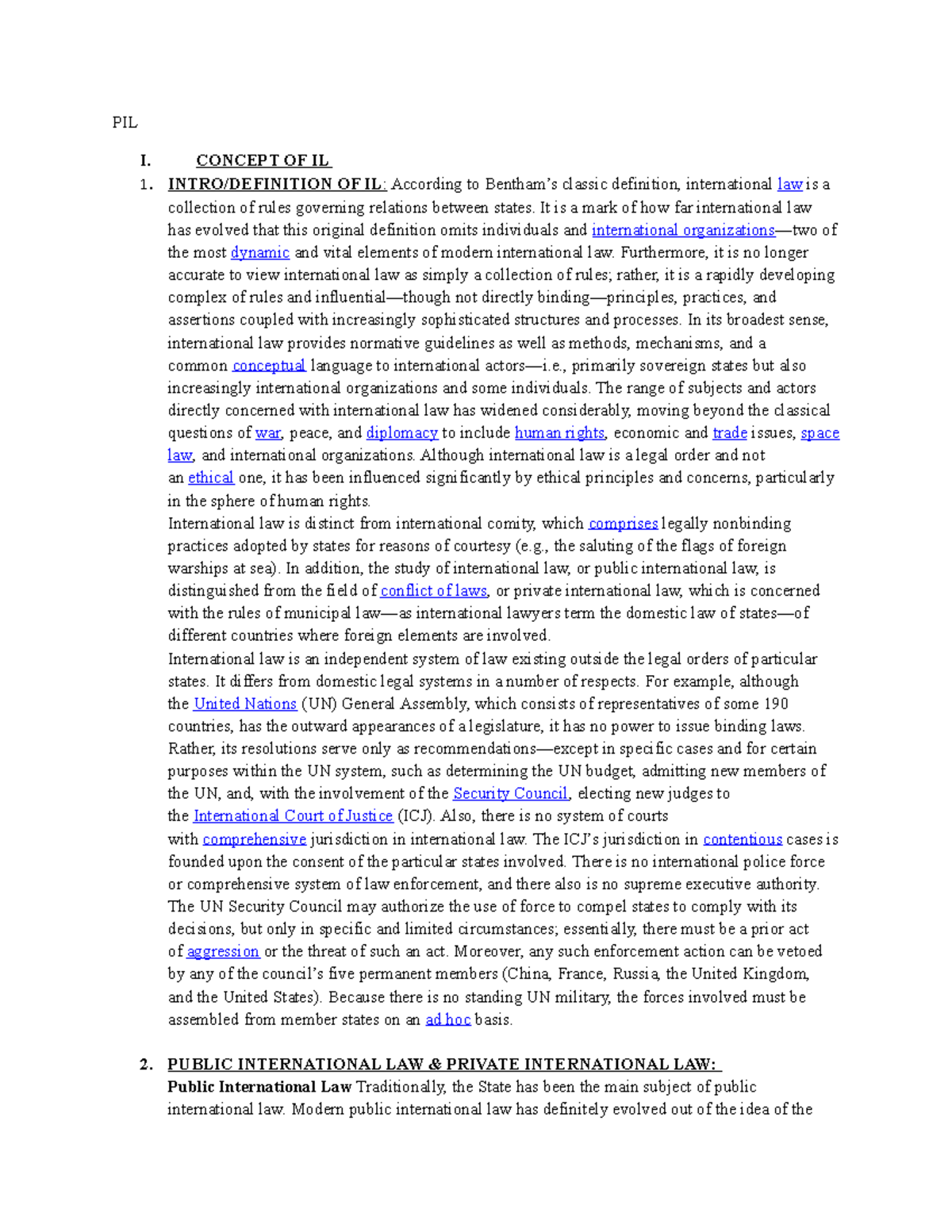 PIL Common - Llb practice - PIL I. CONCEPT OF IL 1. INTRO/DEFINITION OF ...