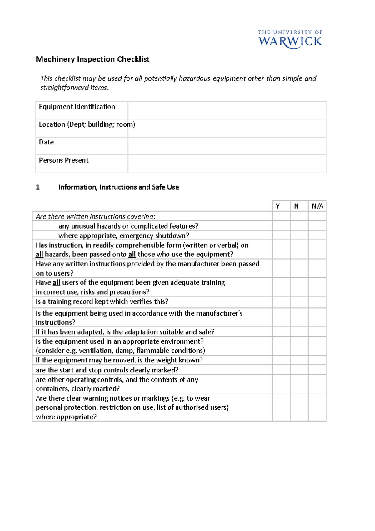 Machinery inspection checklist - Machinery Inspection Checklist This ...