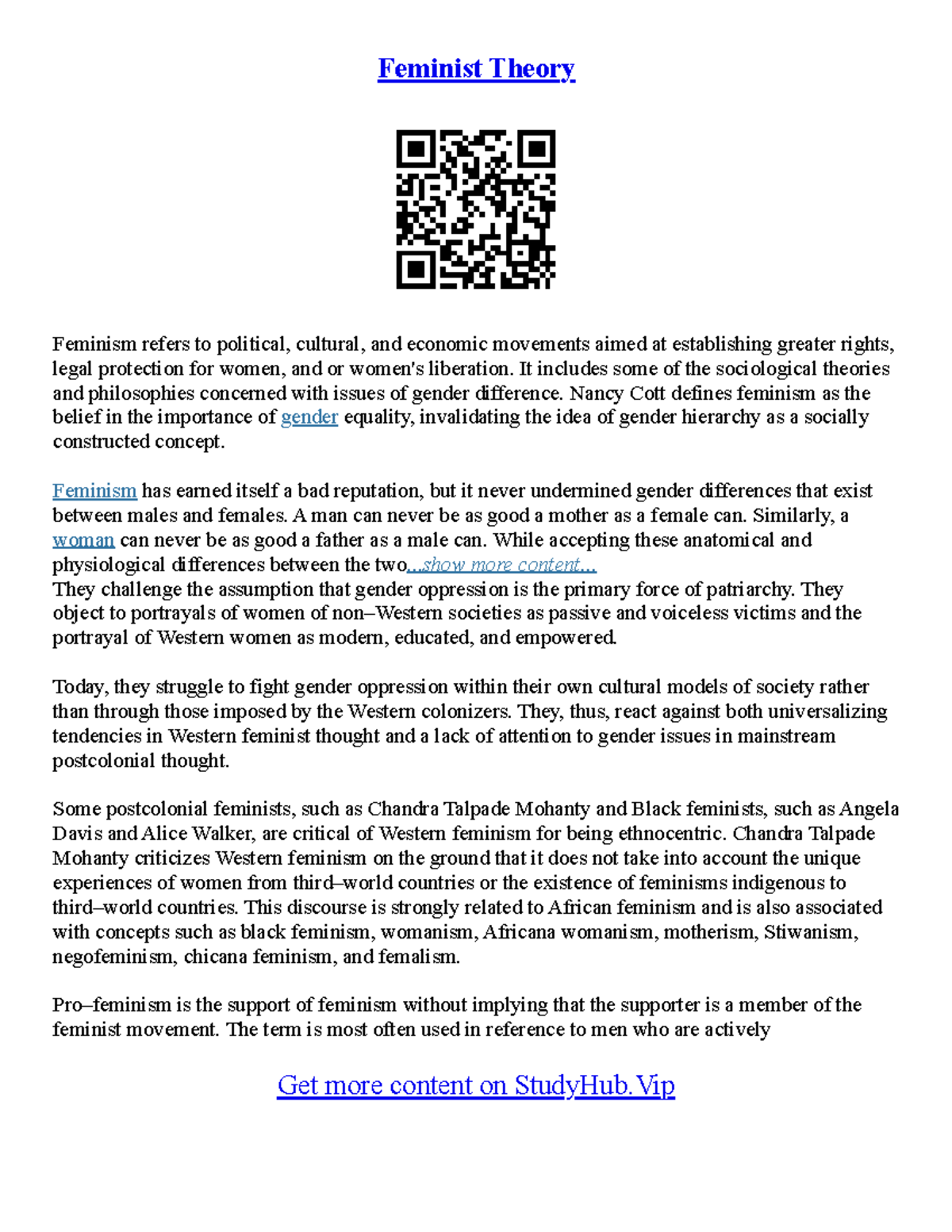 Feminist Theory Essay - Feminist Theory Feminism refers to political ...