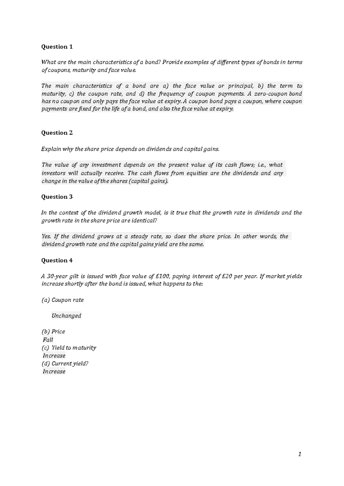 0733172 Topic 4 Exercises - Question 1 What are the main characteristics of a bond? Provide ...