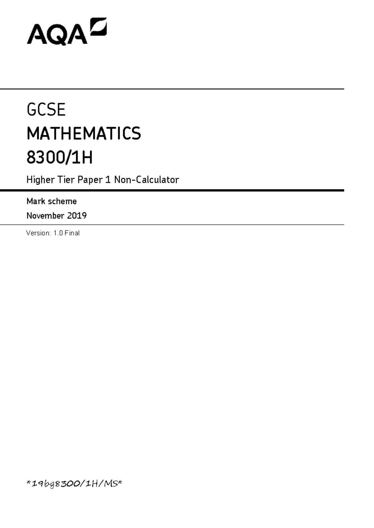 AQA GCSE Maths Higher November 2019 Paper 1 MS - GCSE MATHEMATICS 8300 ...