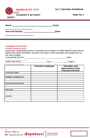 ELC Week 1 Student Activity Sheet - MABALACAT CITY COLLEGE STUDENT’S ...