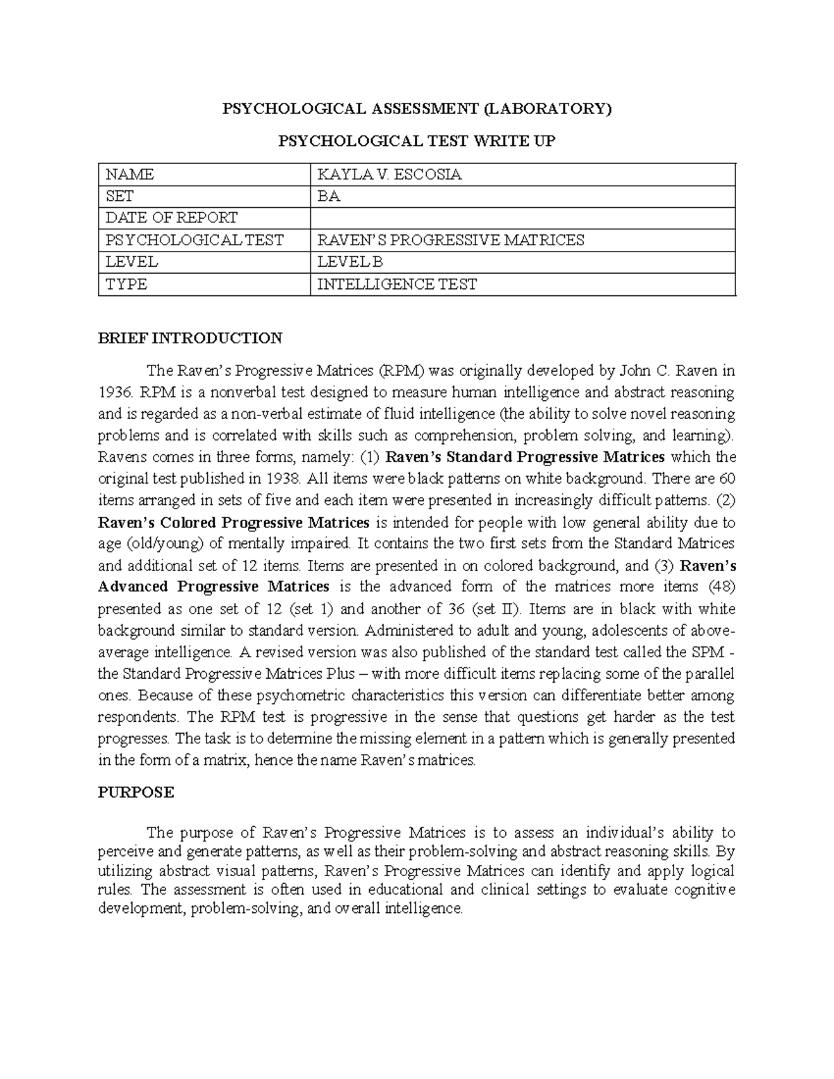 RPM - N/A - PSYCHOLOGICAL ASSESSMENT (LABORATORY) PSYCHOLOGICAL TEST ...
