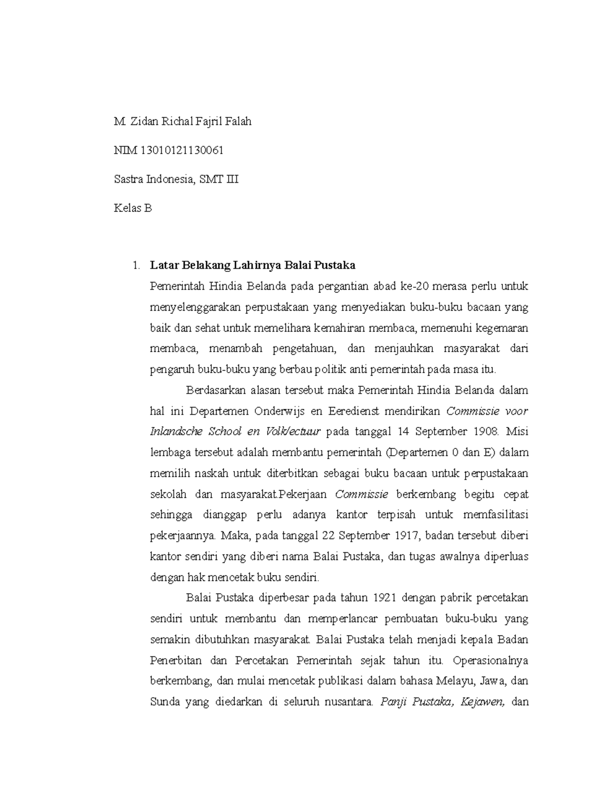 UAS Sejarah Sastra Indonesia 2021 - M. Zidan Richal Fajril Falah NIM ...