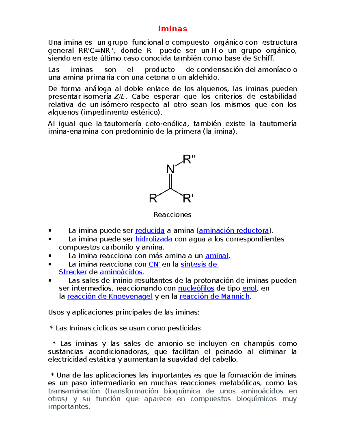 Todo sobre las iminas en organica - Iminas Una imina es un grupo ...