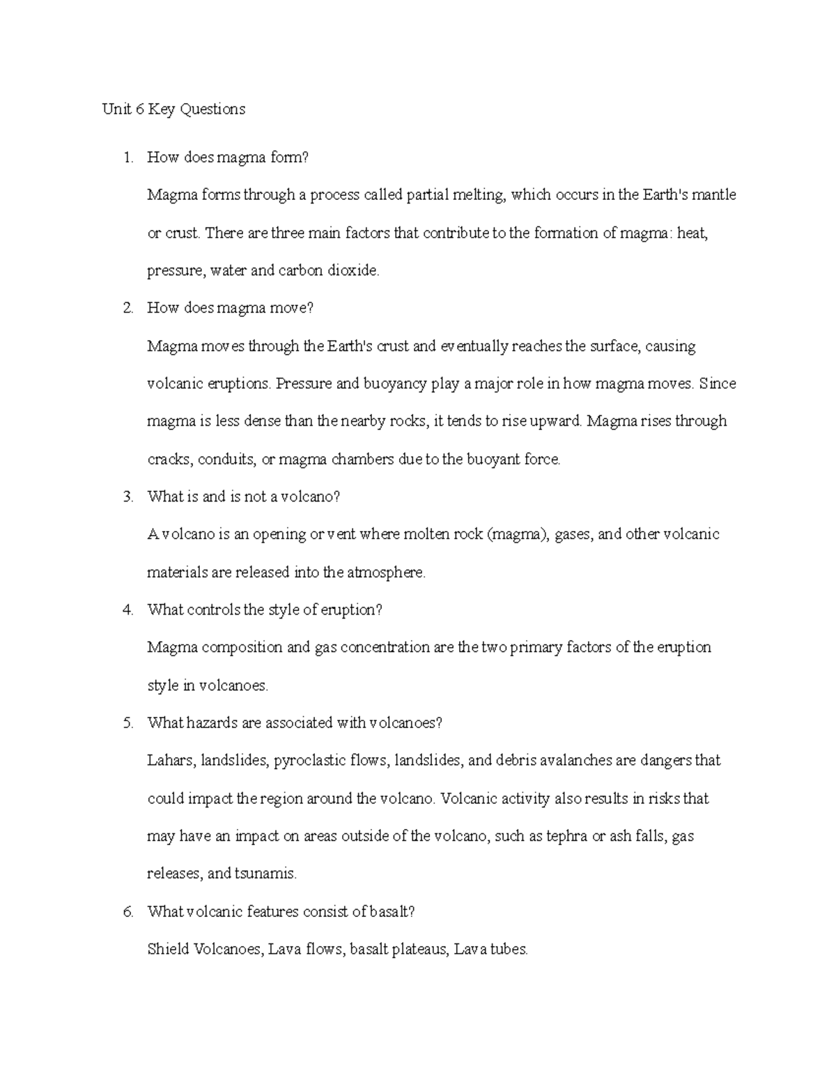 Packet 2 Key Questions - Unit 6 Key Questions How does magma form ...
