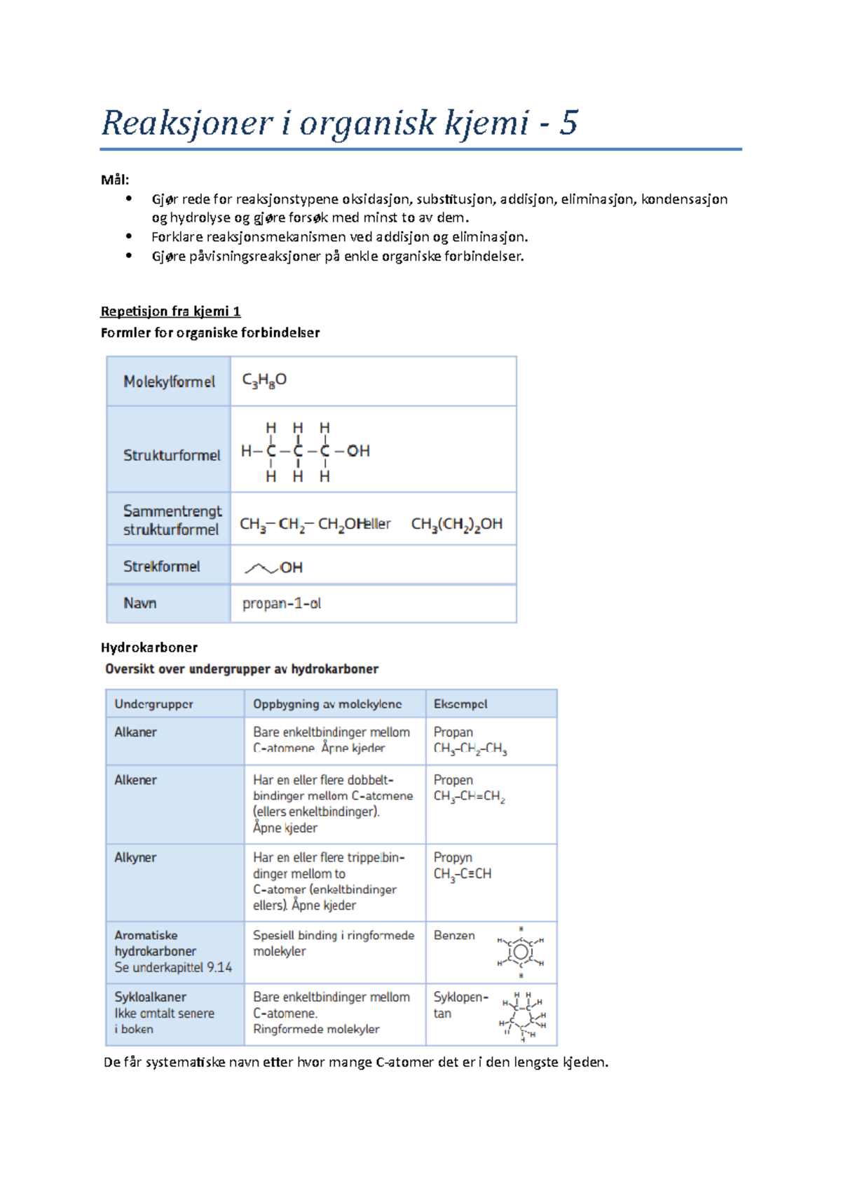 Sammendrag reaksjoner i organisk kjemi - Reaksjoner i organisk kjemi - 5 Mål: Gjør rede for ...
