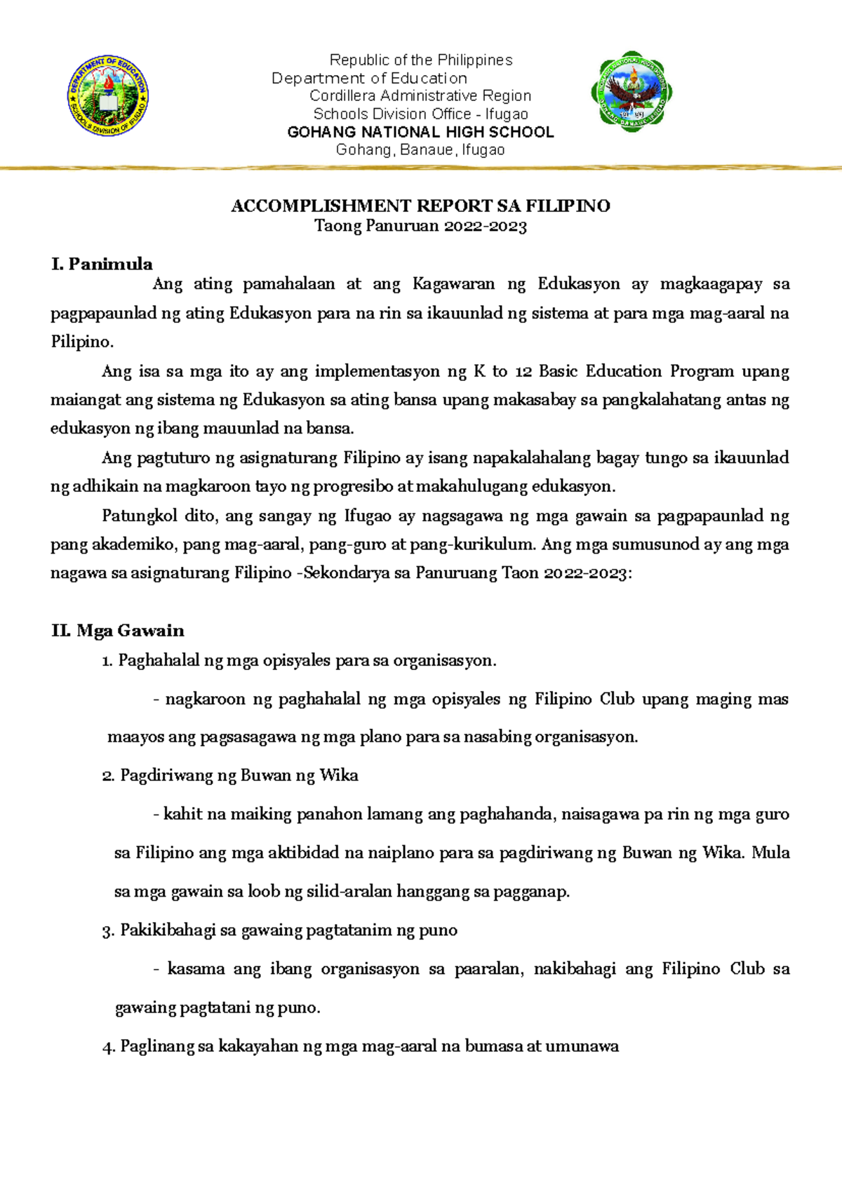 Accomplishment Report SA Filipino - Department of Education Cordillera ...