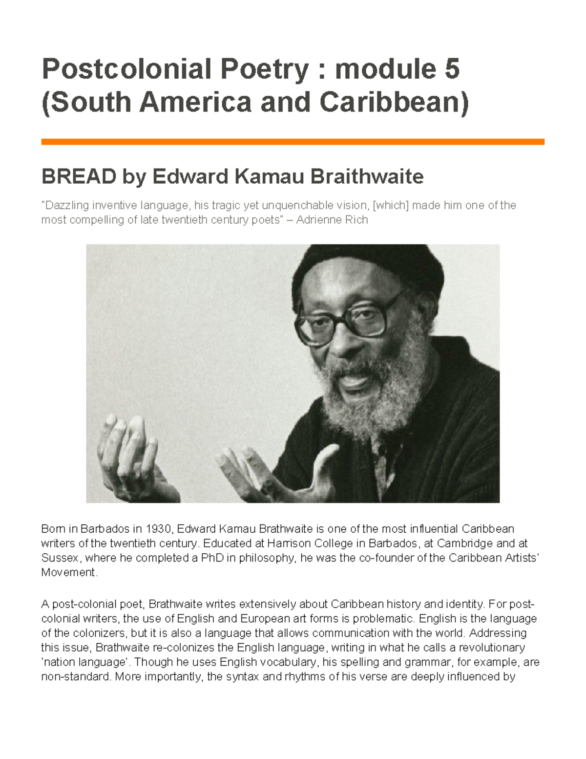 Bread seminar - Postcolonial Poetry : module 5 (South America and Caribbean) BREAD by Edward ...