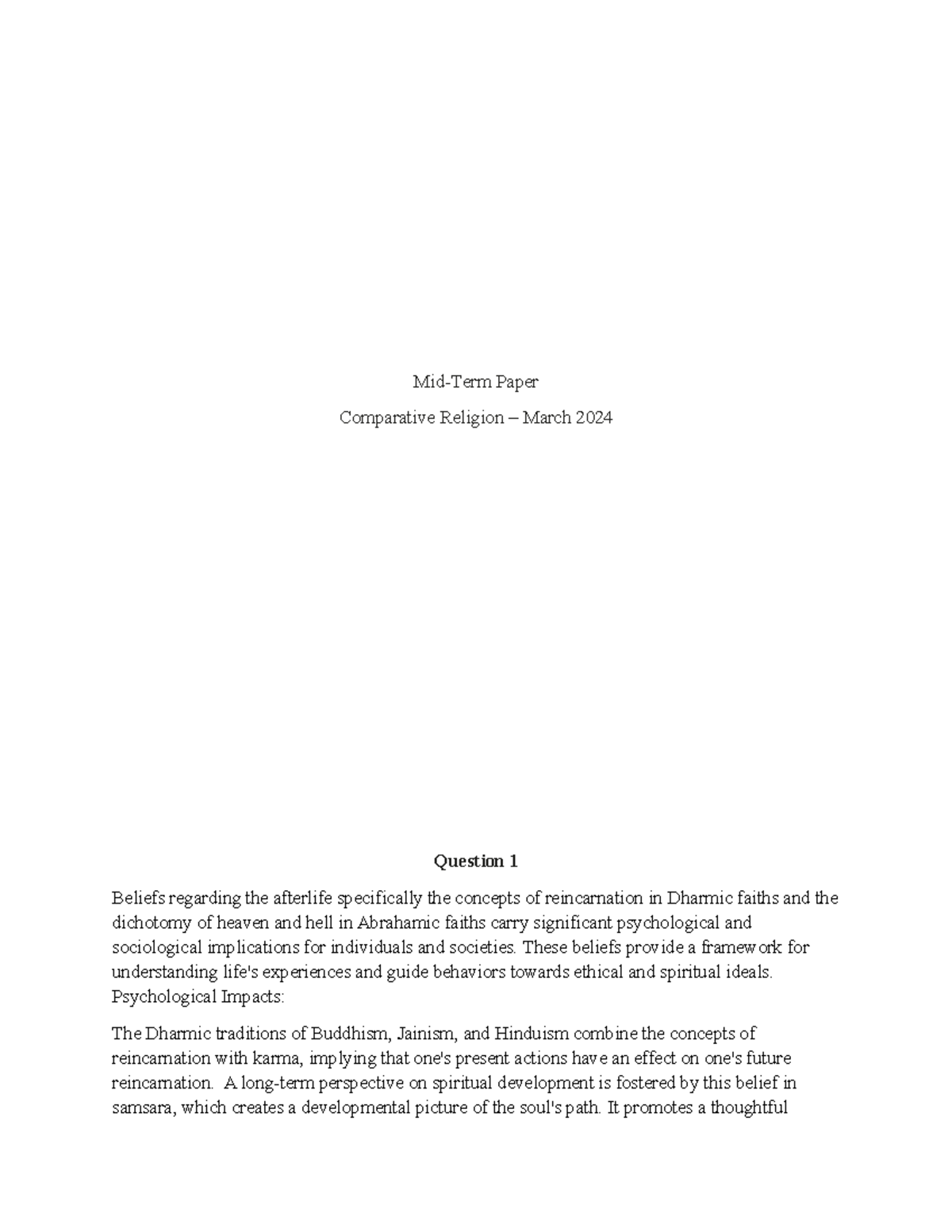 MID paper hum - helpful - Mid-Term Paper Comparative Religion – March ...