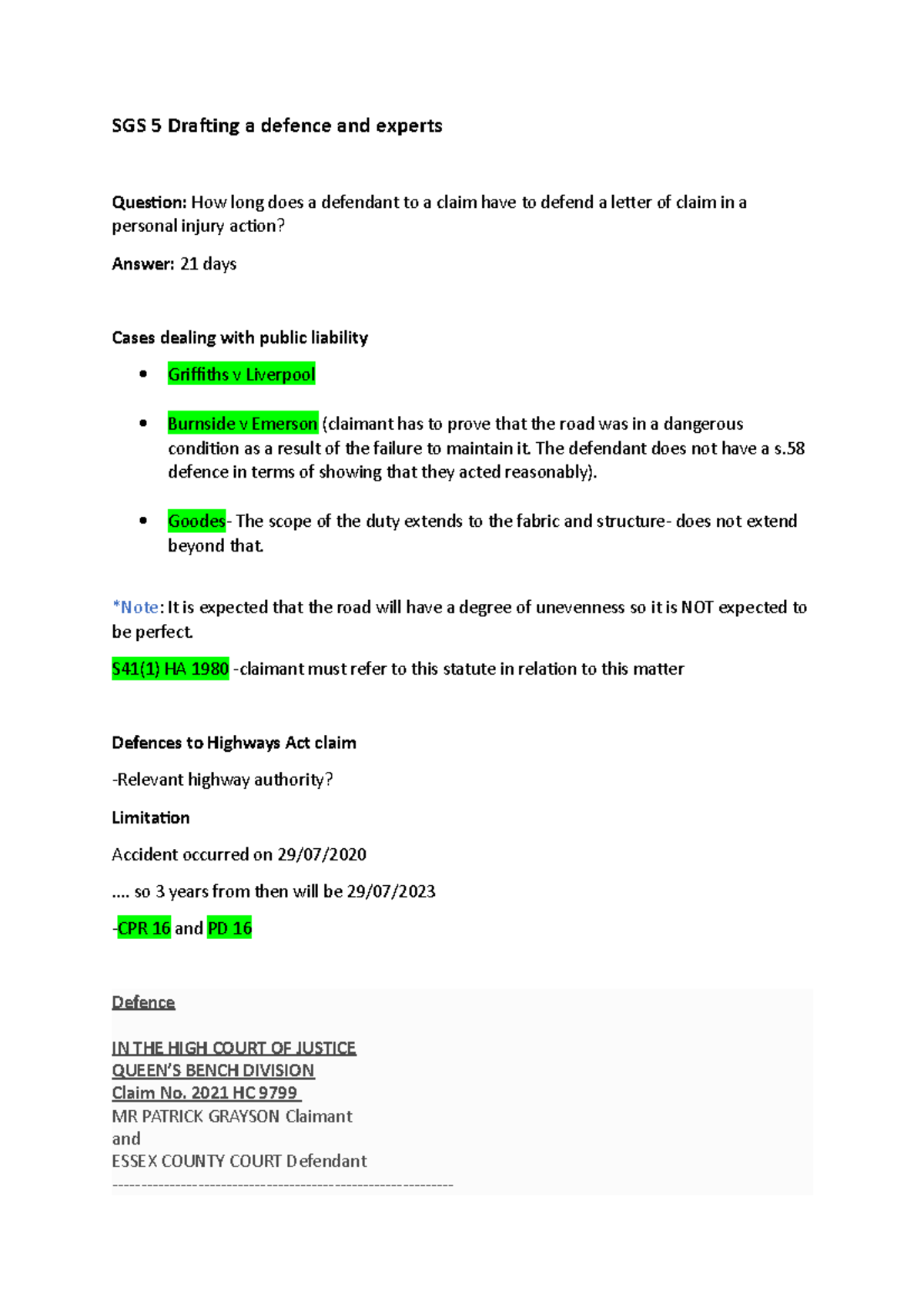 SGS 5 Drafting a defence and expert evidence - SGS 5 Drafting a defence ...