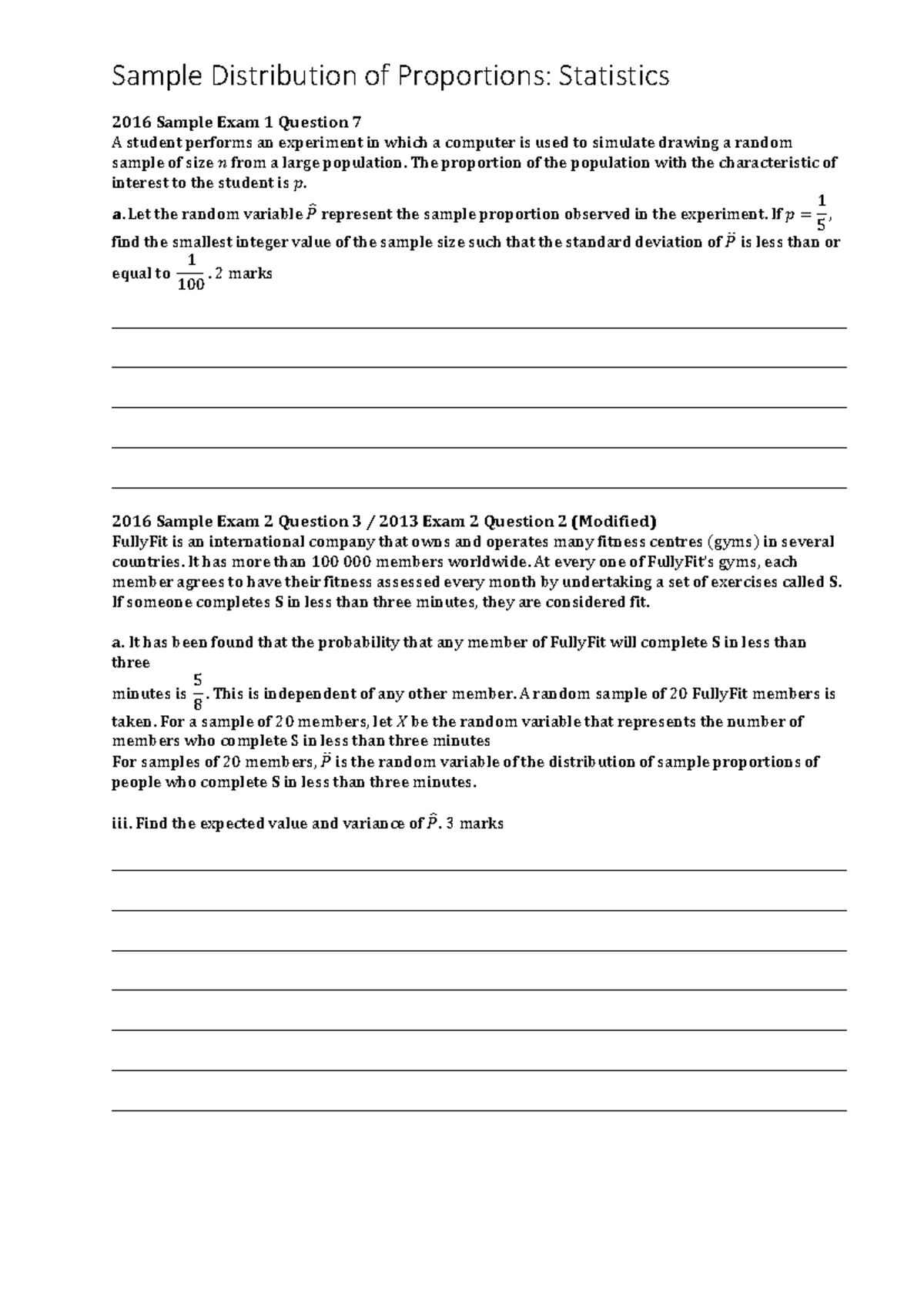 Sample Distribution of Proportions - Statistics - 2016 Sample Exam 1 ...