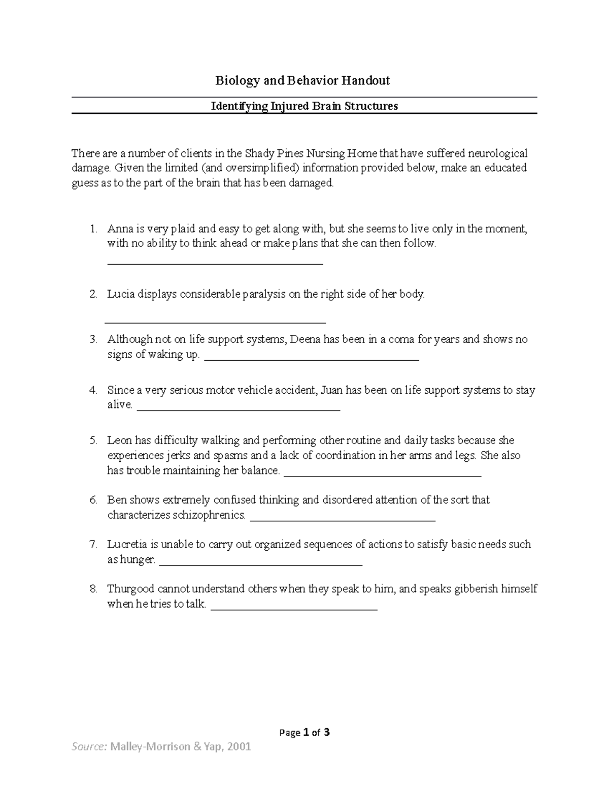 Biology and Behavior Handout rev - Biology and Behavior Handout ...