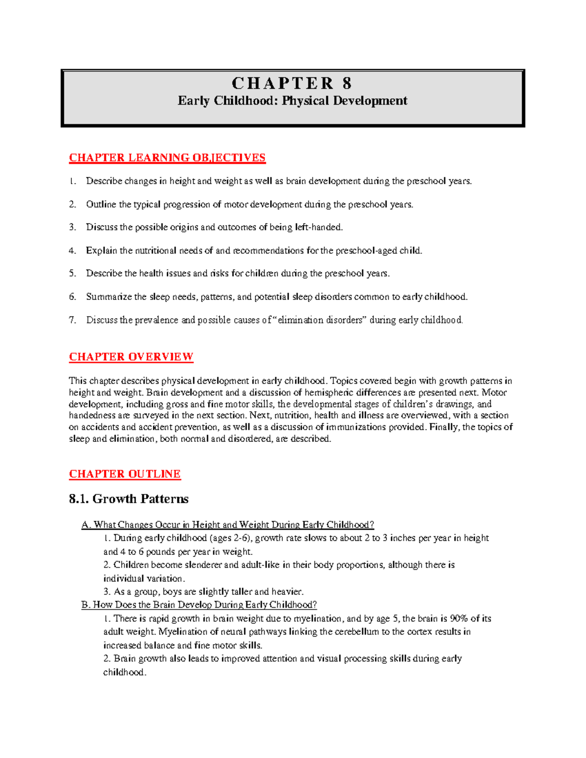 Chapter 8 Overview and Outline - CHAPTER 8 Early Childhood: Physical ...
