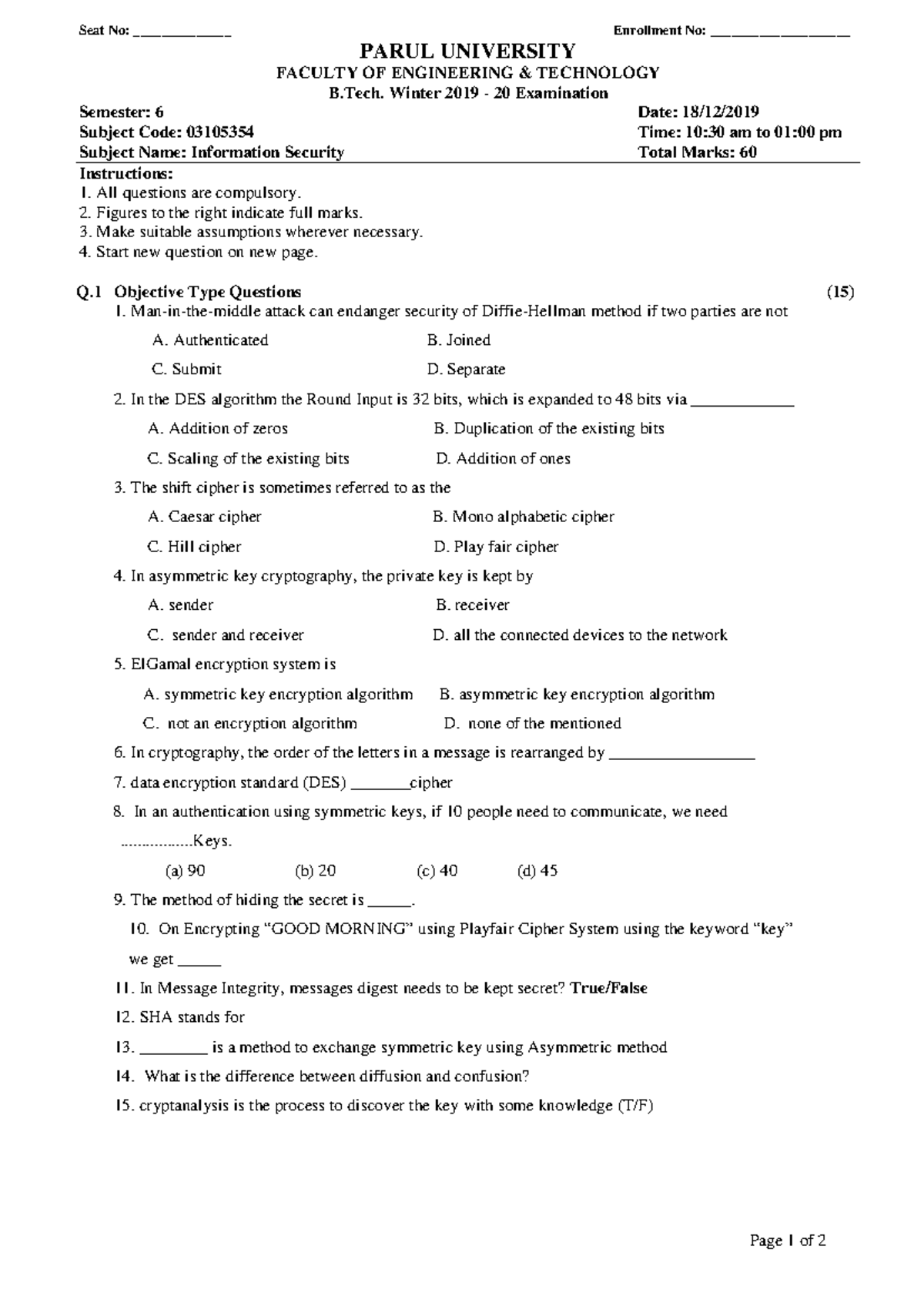 Crypto - Old QP (W 2019 ) - Pyq - Page 1 of 2 Seat No: ______________ Enrollment No: - Studocu