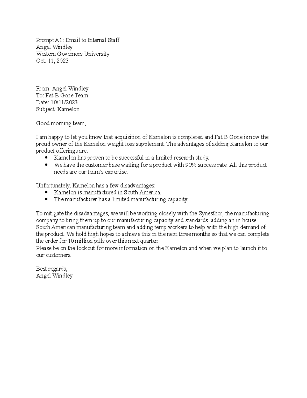 Prompt A1 email - task 1 - Prompt A1: Email to Internal Staff Angel ...