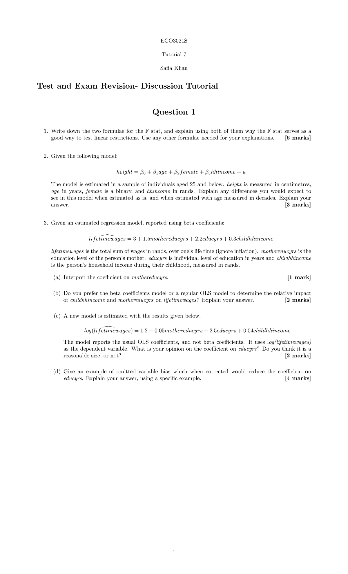 ECO3021S 2023 Tutorial 7 - ECO3021S Tutorial 7 Safia Khan Test and Exam ...