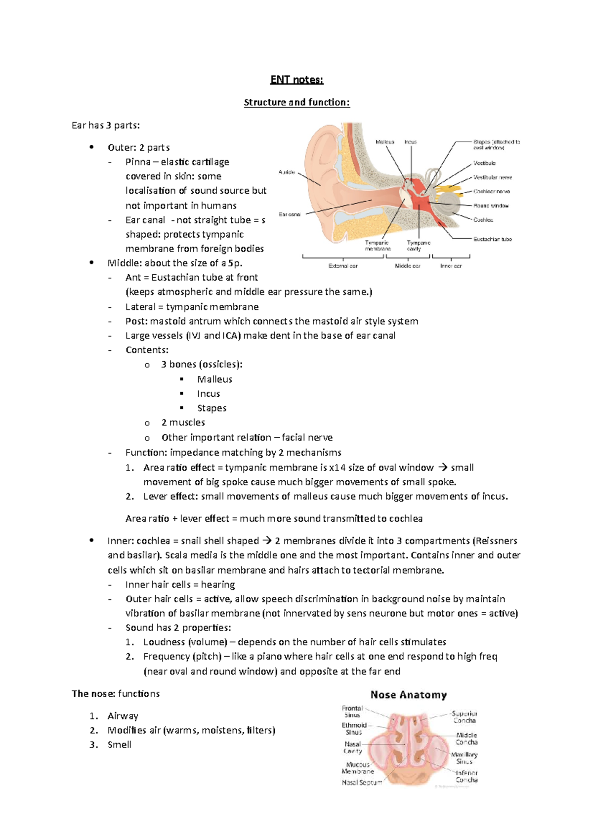 ENT clincial notes - ENT notes: Structure and function: Ear has 3 parts ...