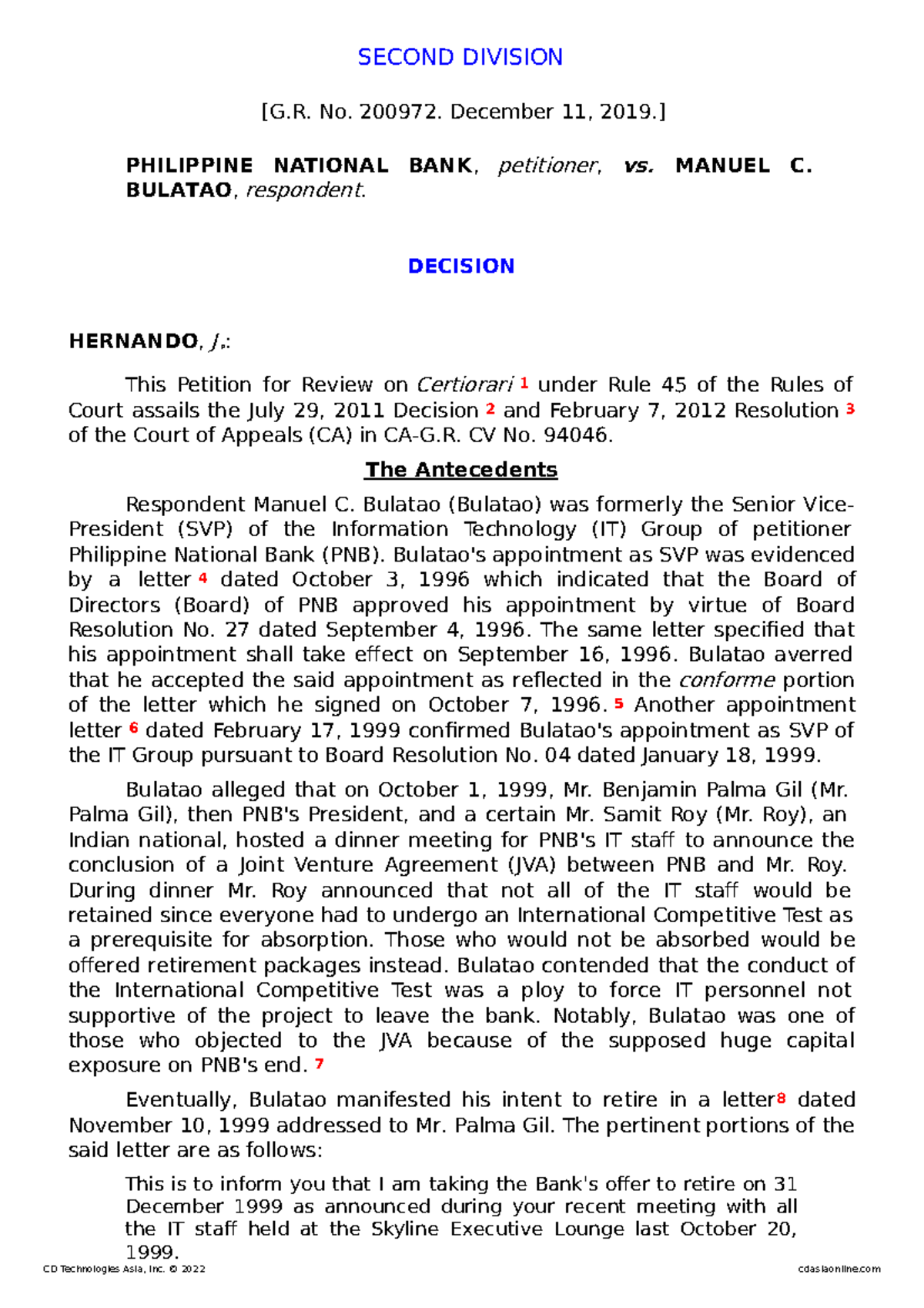 Philippine National Bank V Bulatao SECOND DIVISION G No 200972