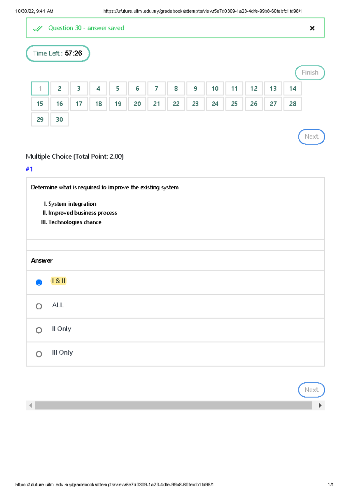 Test 1 Question AIS655 - Question 30 - answer saved × Time Left : 57 ...