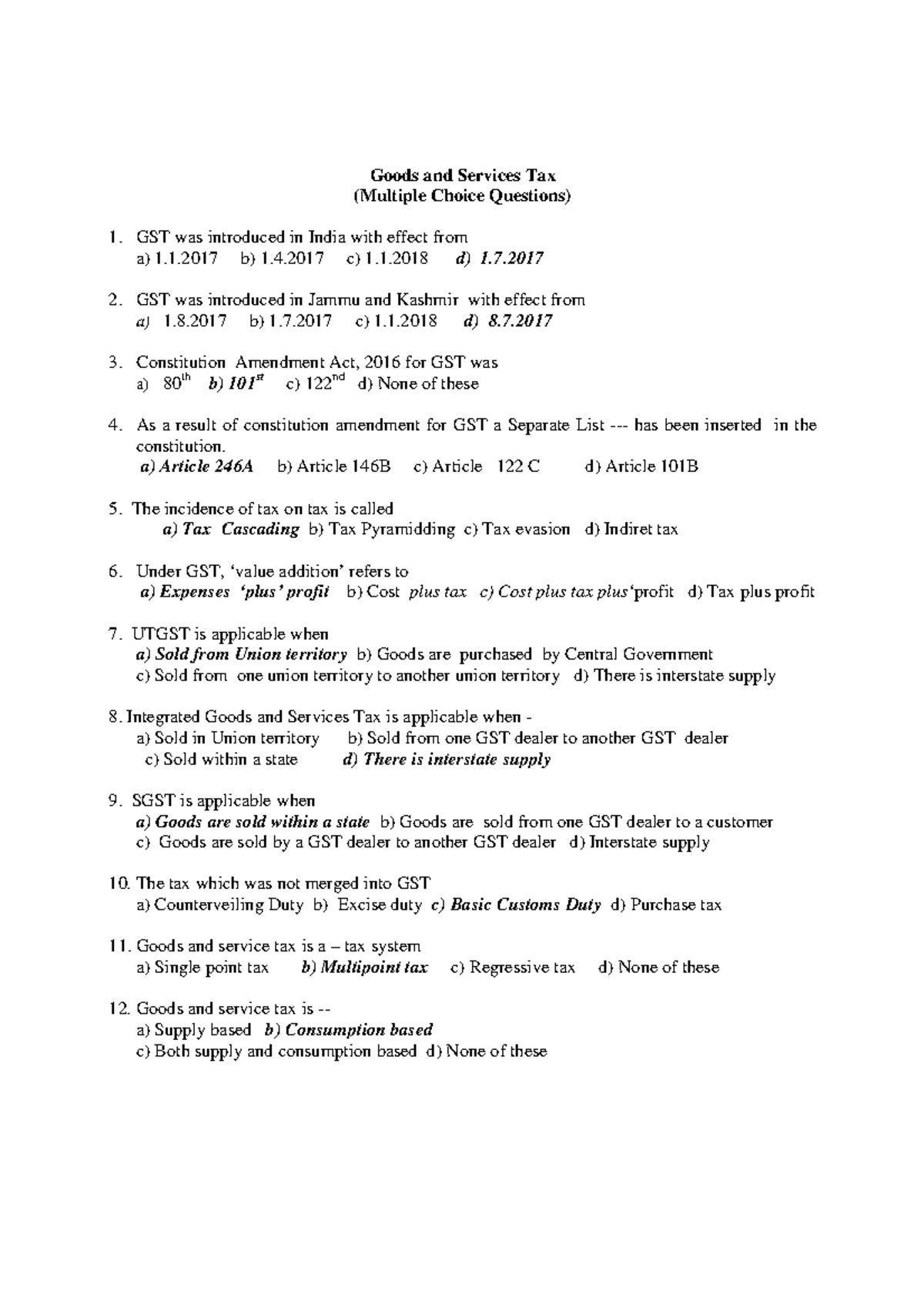 MCQ GST-Answer-Key - Mcq questions and answers related to goods and ...