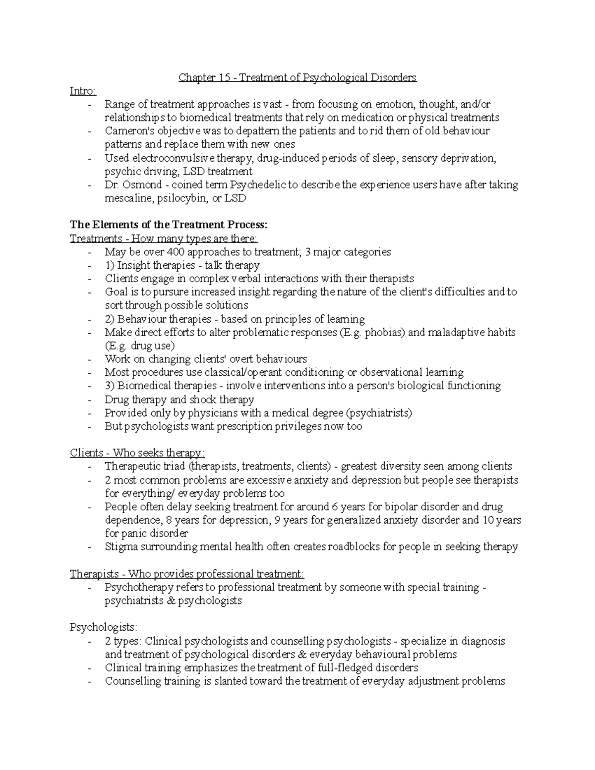 Chapter 15 Notes - This One - Chapter 15 - Treatment of Psychological ...