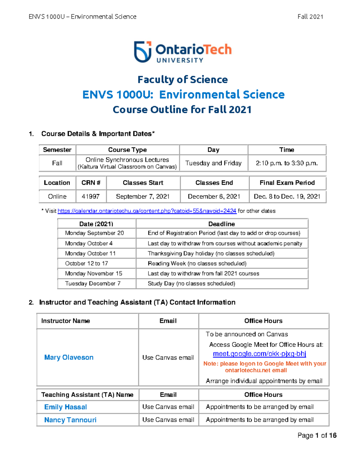 ENVS 1000-F2021-Syllabusaaaasad asd asfasf a - Faculty of Science ENVS ...