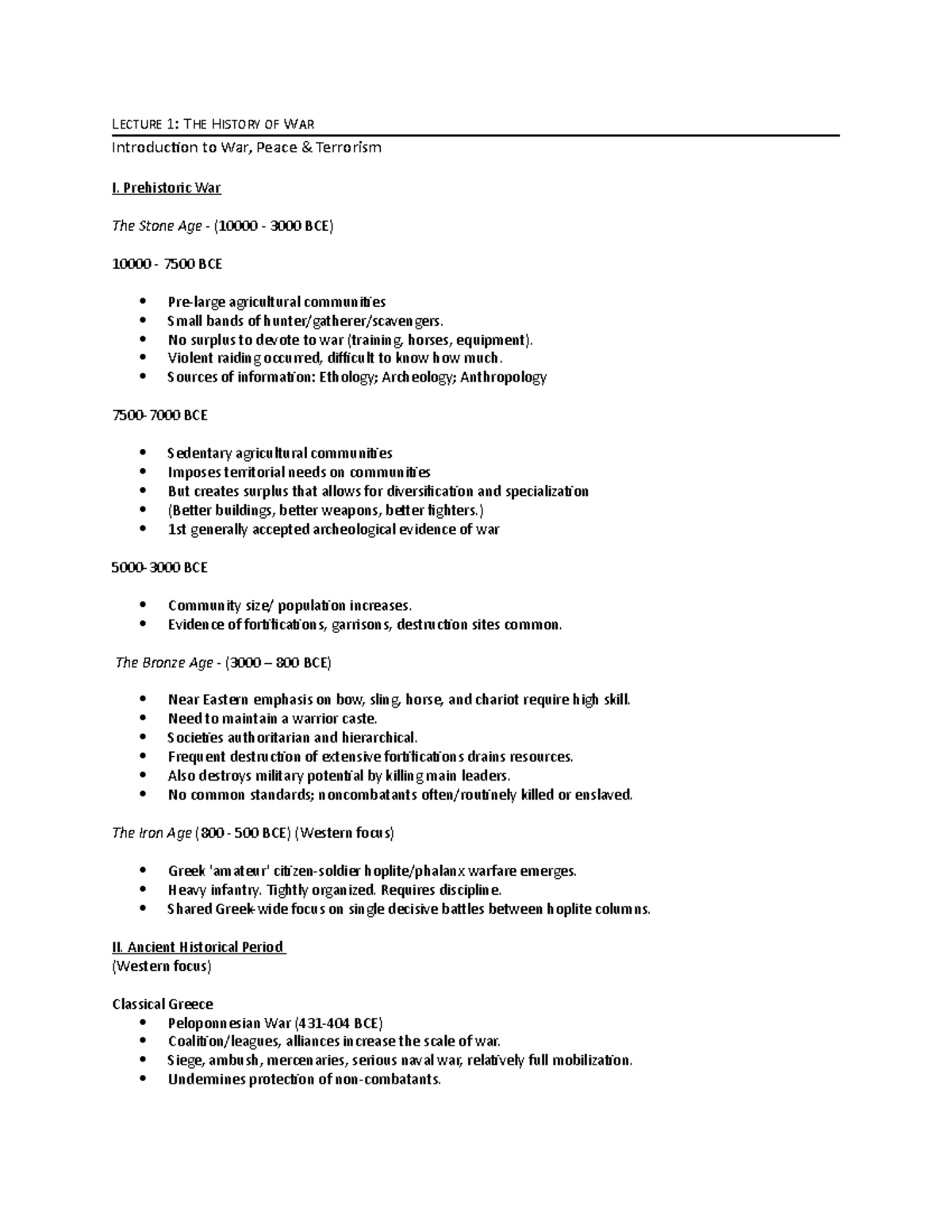 Lecture 1 - The History of War - notes - LECTURE 1: THE HISTORY OF WAR ...