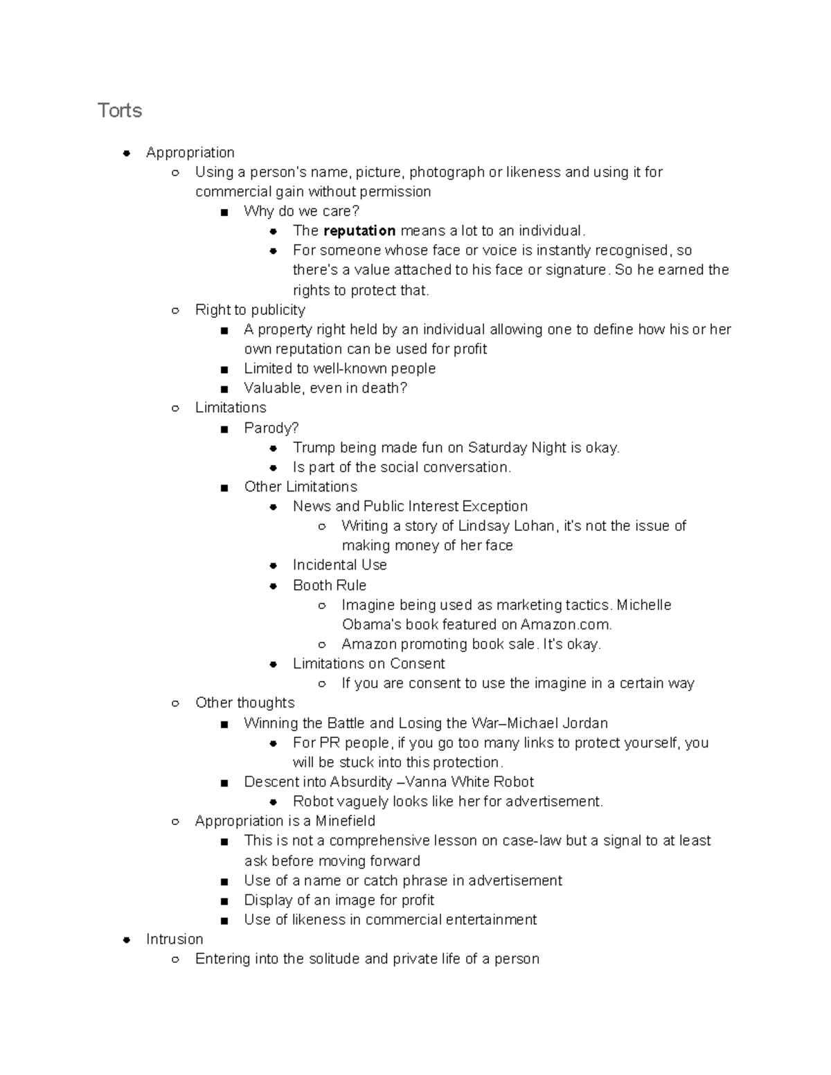 Privacy Part 1 - Lecture notes 5 - Torts Appropriation Using a person’s ...