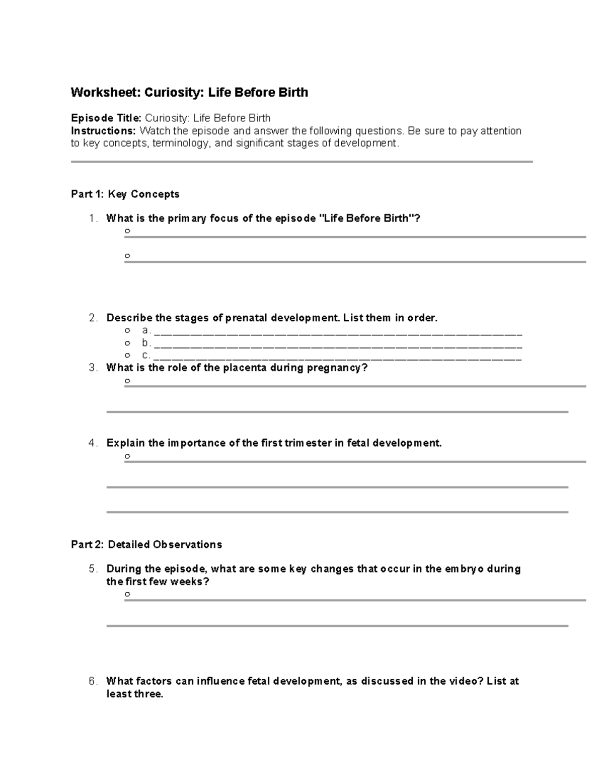 Worksheet Curiosity Life Before Birth - Worksheet: Curiosity: Life ...
