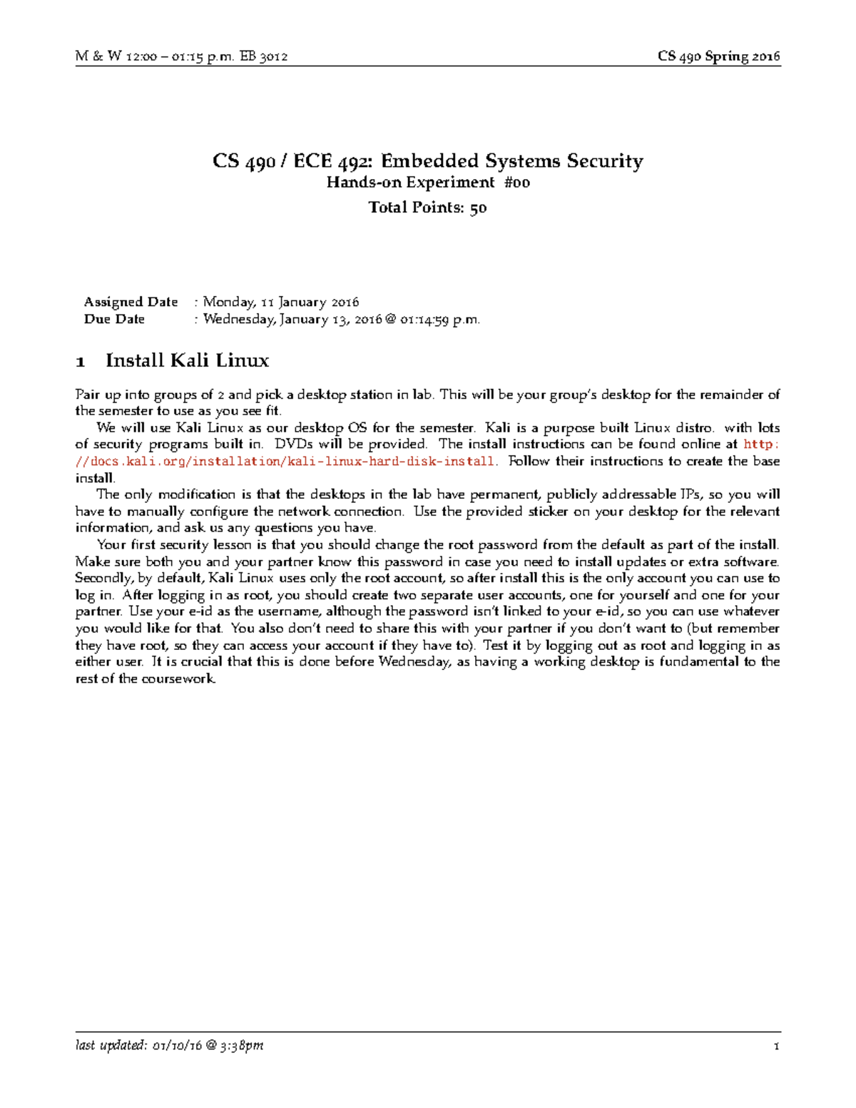 Lab0 - Lab - M & W 12 : 00 – 01 : 15 p. EB 3012 CS 490 Spring 2016 CS ...