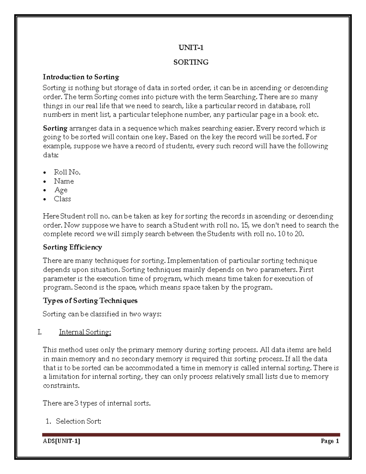 ADS UNIT-1 - This is notes - UNIT- SORTING Introduction to Sorting ...