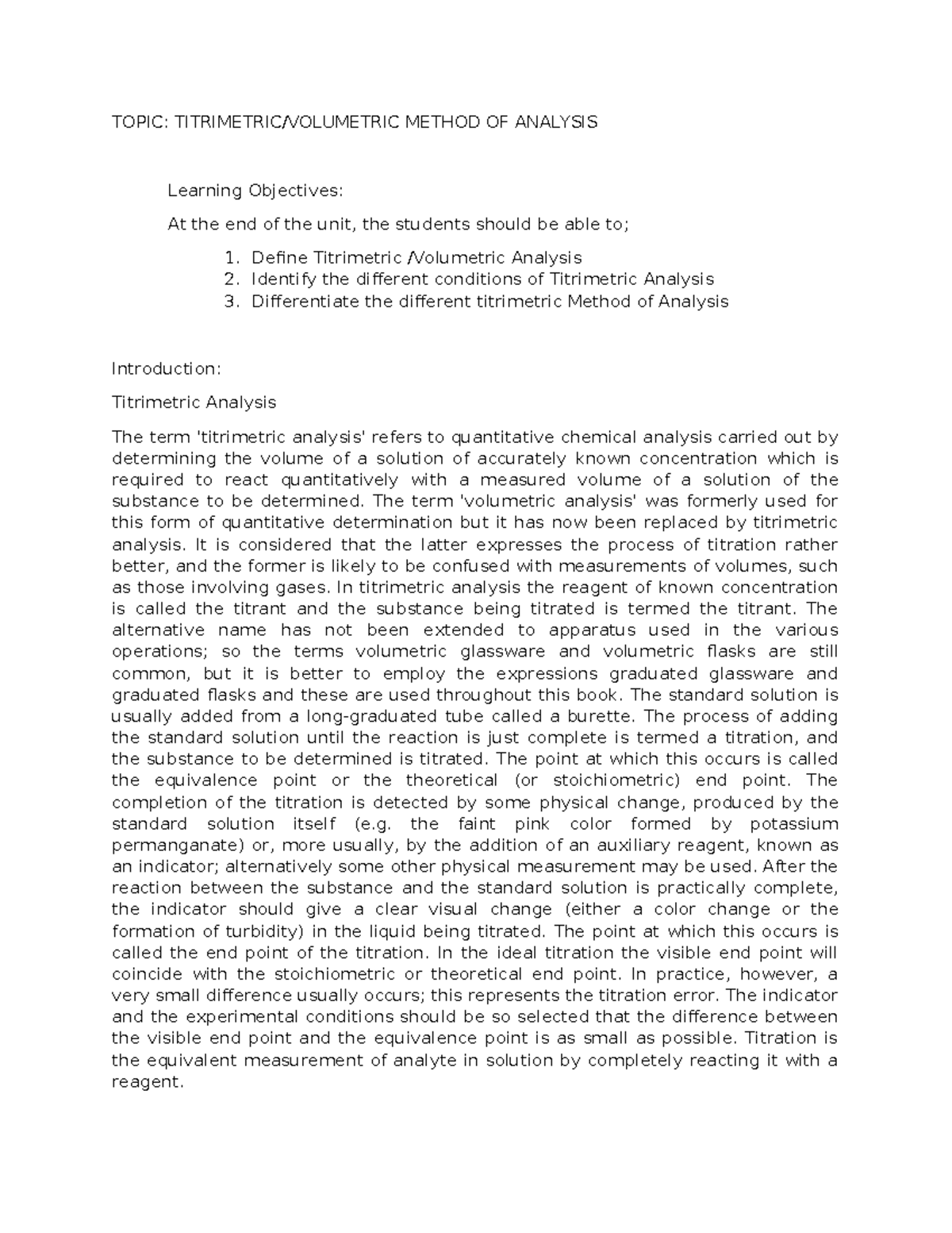 Volumetric Method of Analysis Additional readings for Students - TOPIC ...