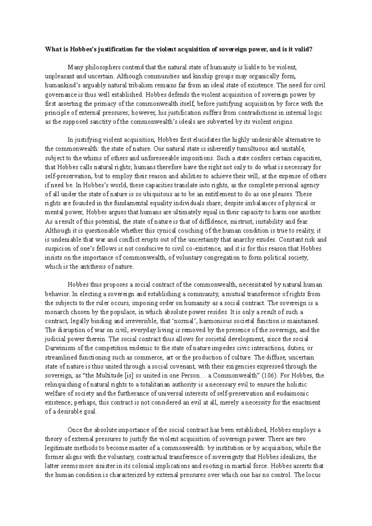 First Class GV100 Example 4 - What is Hobbes’s justification for the ...