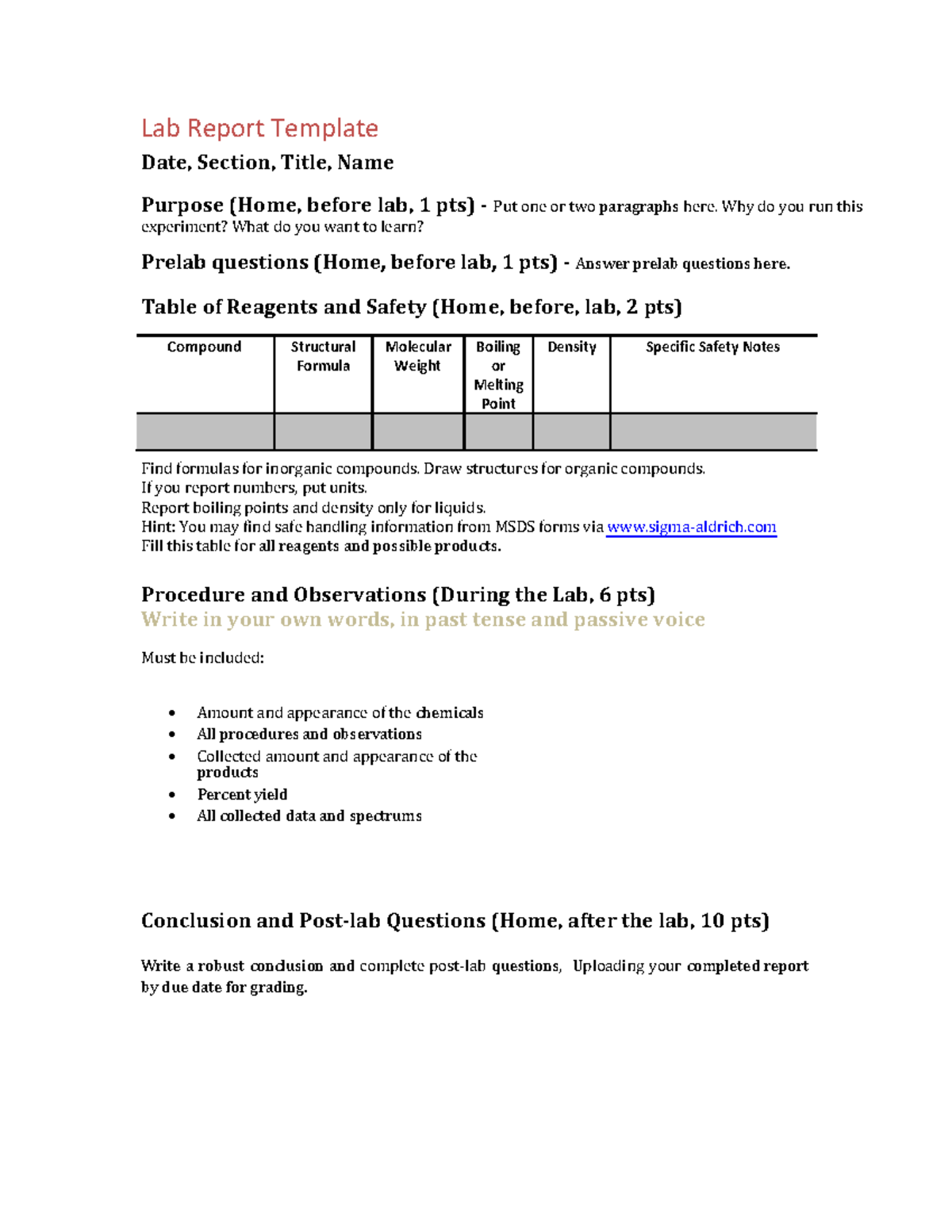 Lab Report Template - Lab Report Template Date, Section, Title, Name ...