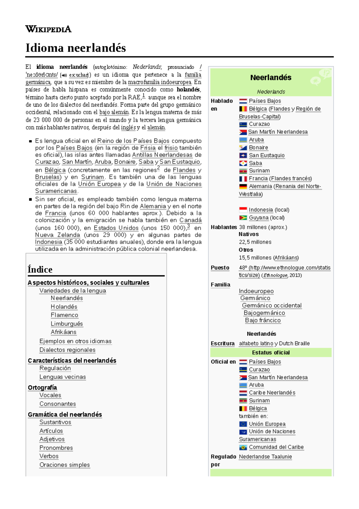 Idioma neerlandés - RESUMEN - Neerlandés Nederlands Hablado en Países ...