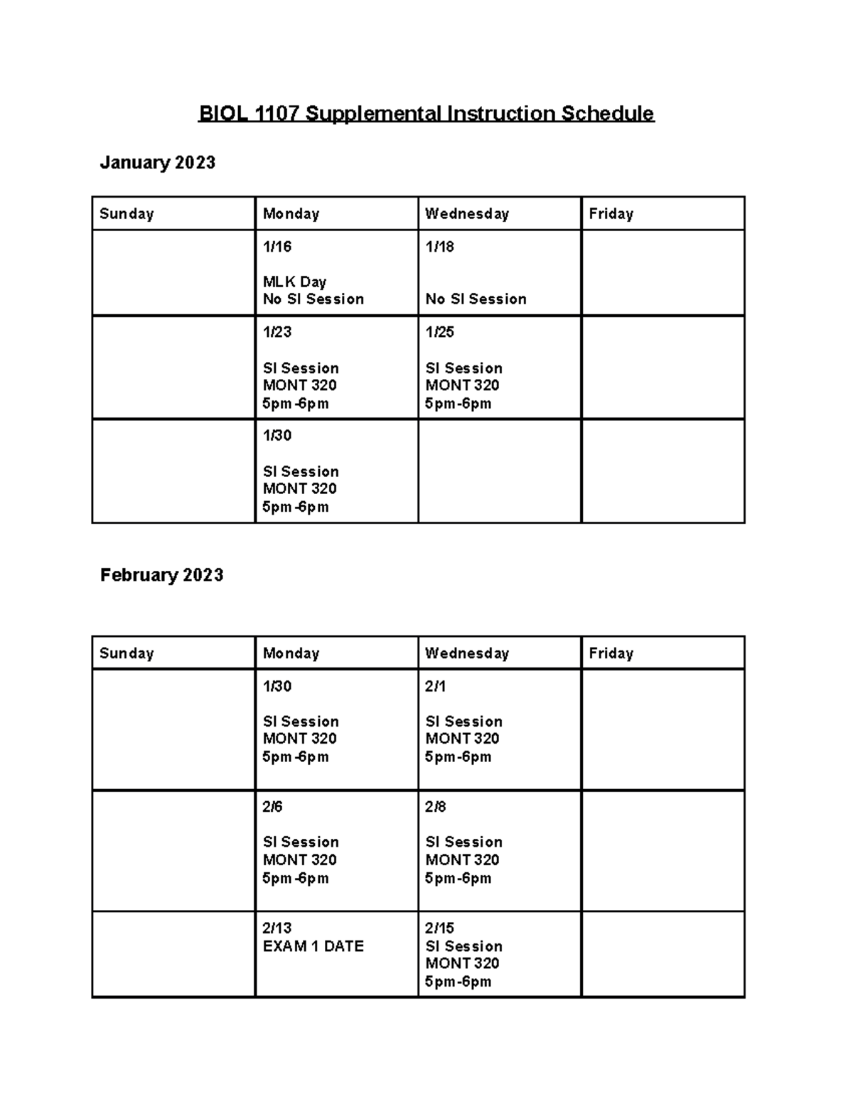SI Schedule Spring 2023 - BIOL 1107 Supplemental Instruction Schedule ...