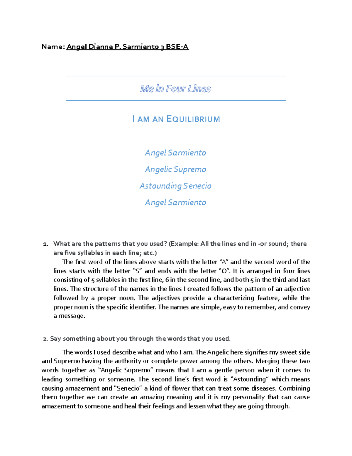 Me in Four Lines - Example of Rhyme words - Name: Angel Dianne P ...