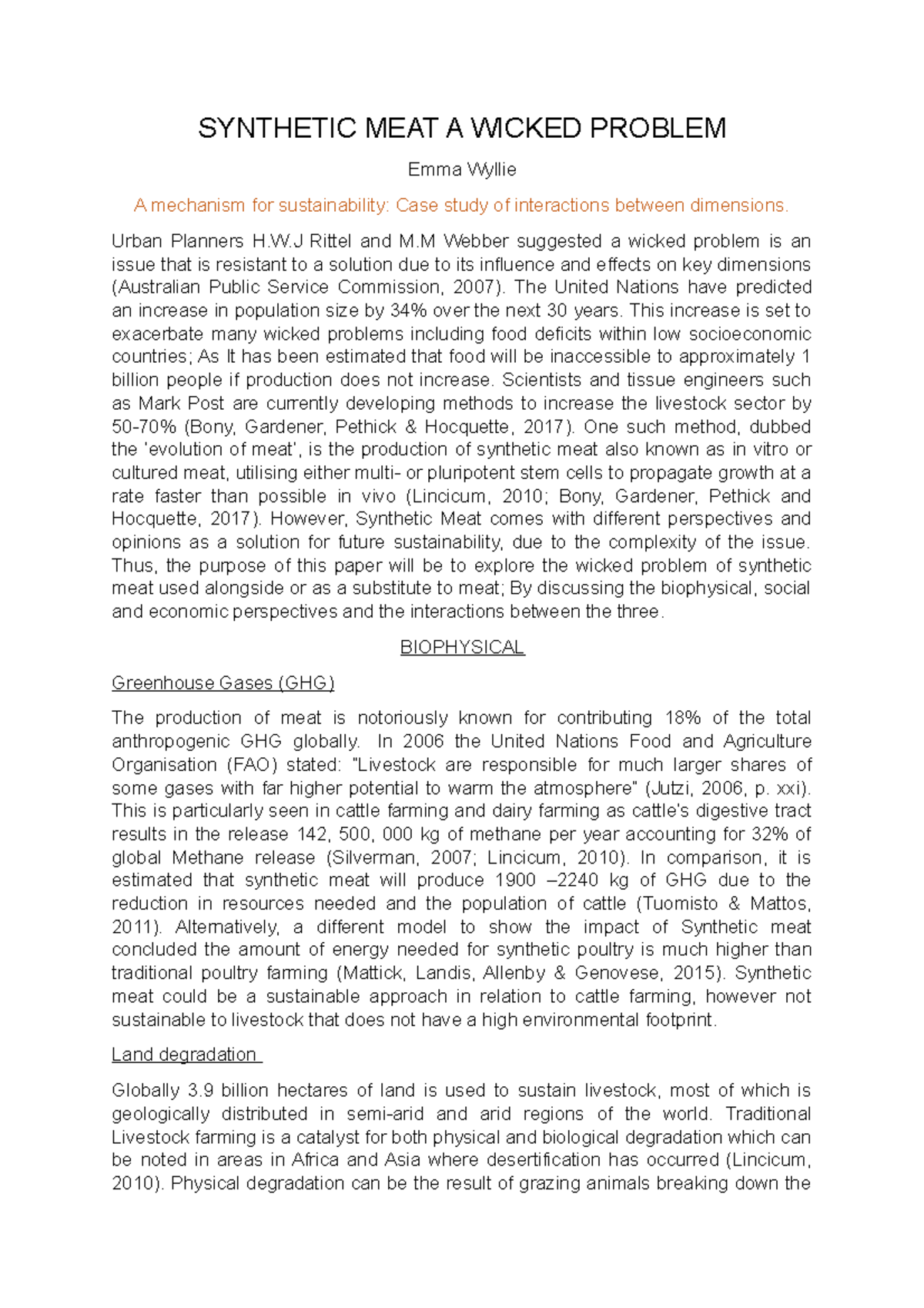 Environmental Issues IN Context Assignment Final - SYNTHETIC MEAT A ...