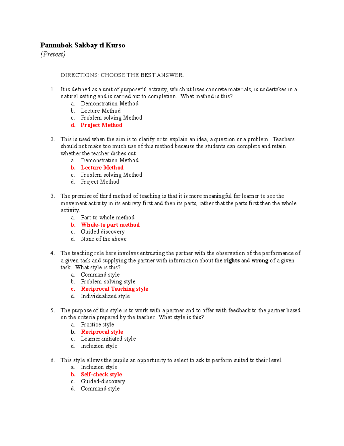 PRE TEST IN Teaching Strategies - Pannubok Sakbay ti Kurso (Pretest ...