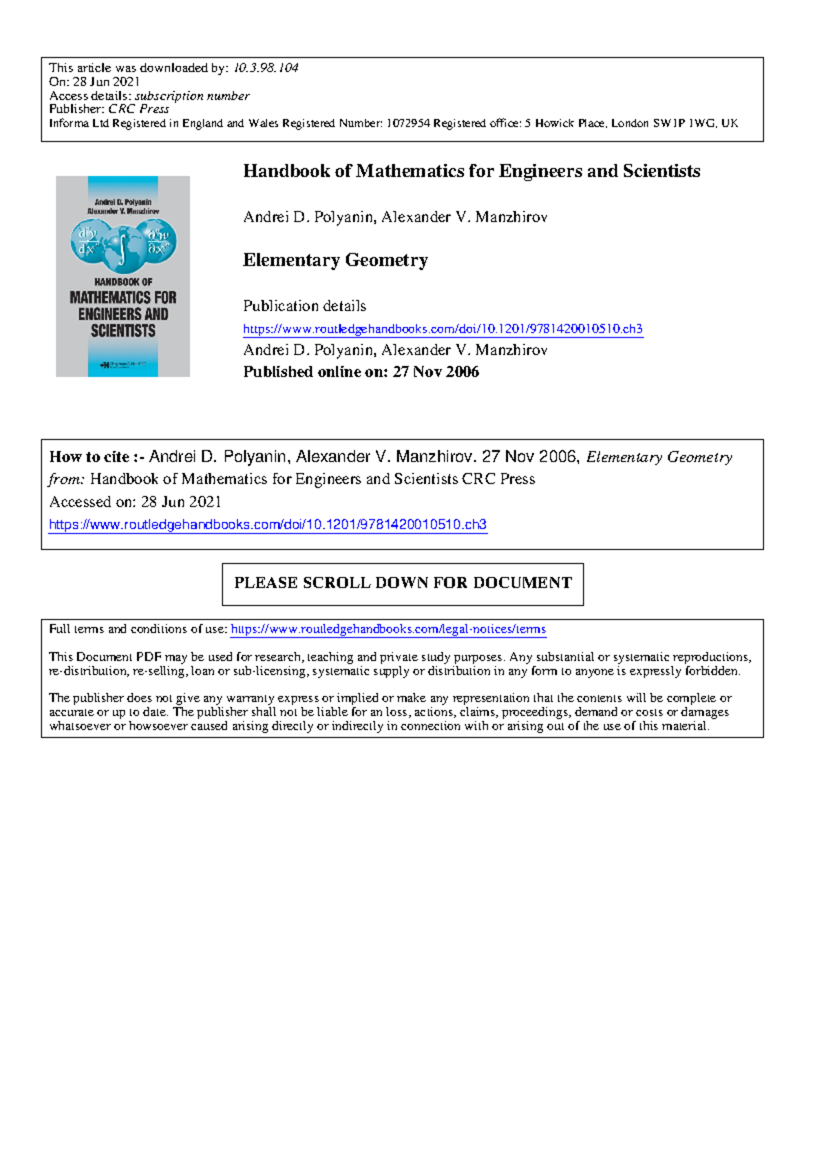 18 Handbook Of Mathematics For Engineers And Scientists Elementary Geometry Autor Andrei D