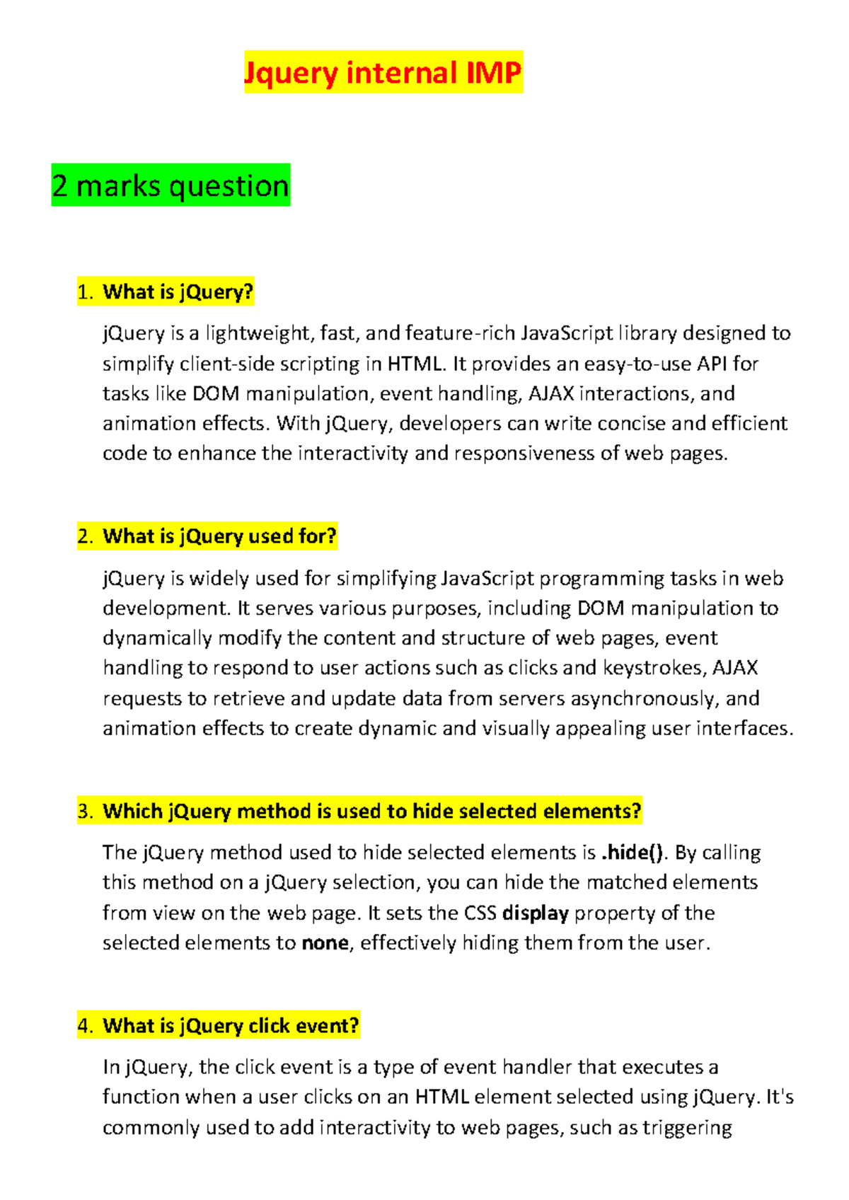 Jquery internal IMP - It's really useful for students - Jquery internal IMP 2 marks question ...