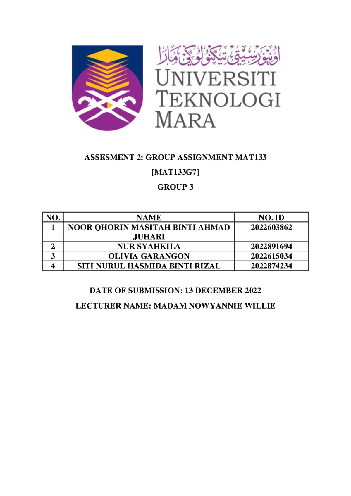 Assesment 2 MAT133 PDF - Calculus II - ASSESMENT 2: GROUP ASSIGNMENT MAT [MAT133G7] GROUP 3 NO ...