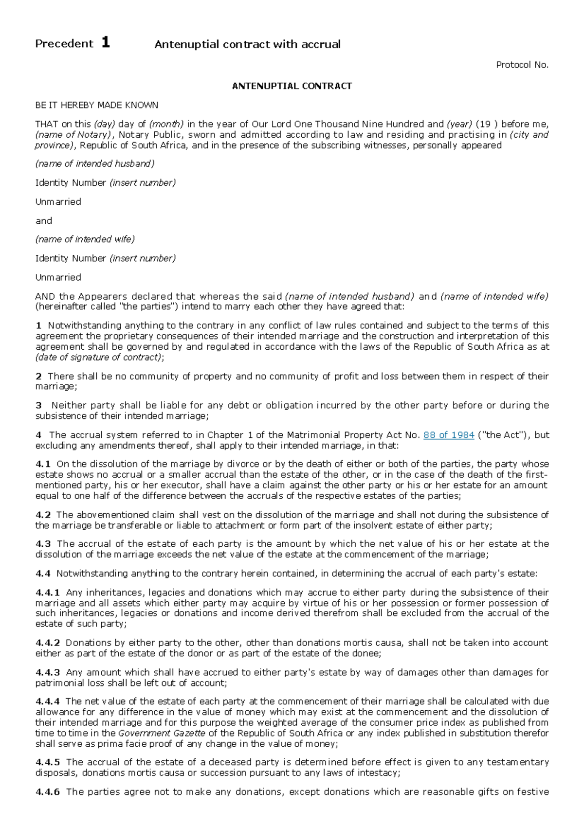 Antenuptial contract with accrual - Precedent 1 Antenuptial contract ...