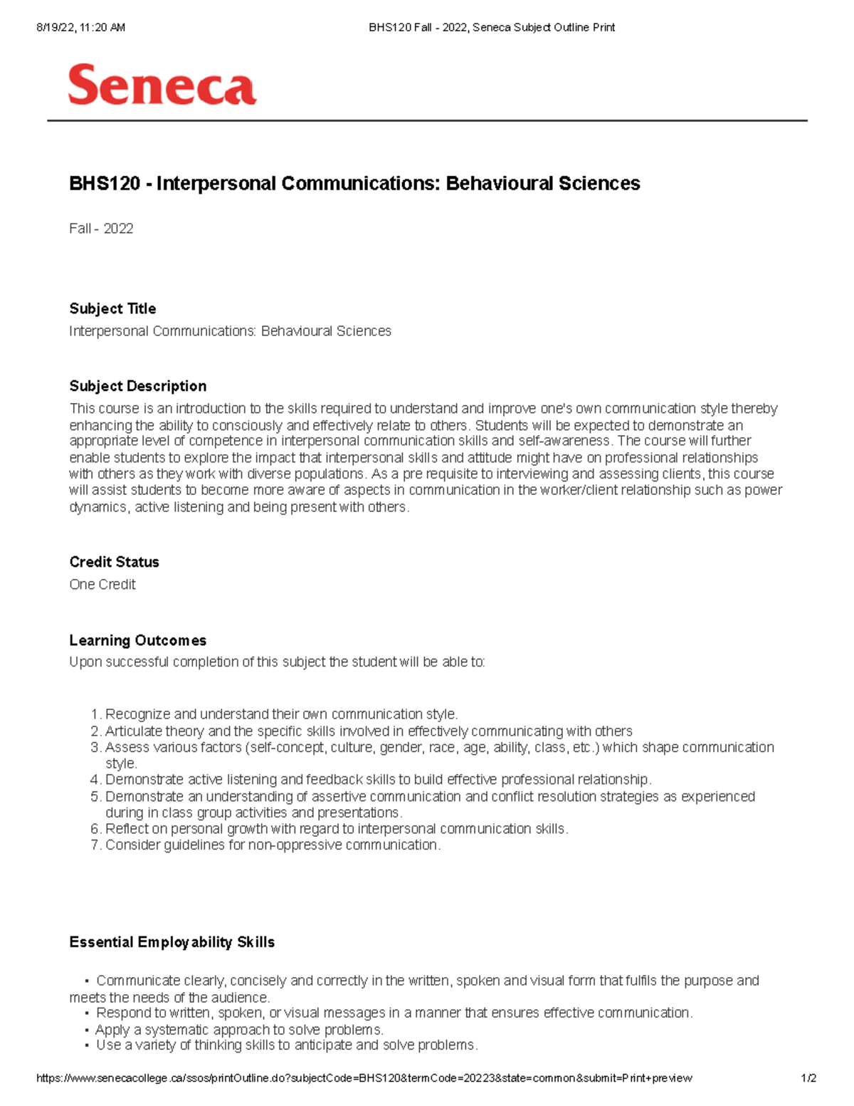 BHS120 Fall - 2022, Seneca Subject Outline Print - - Studocu
