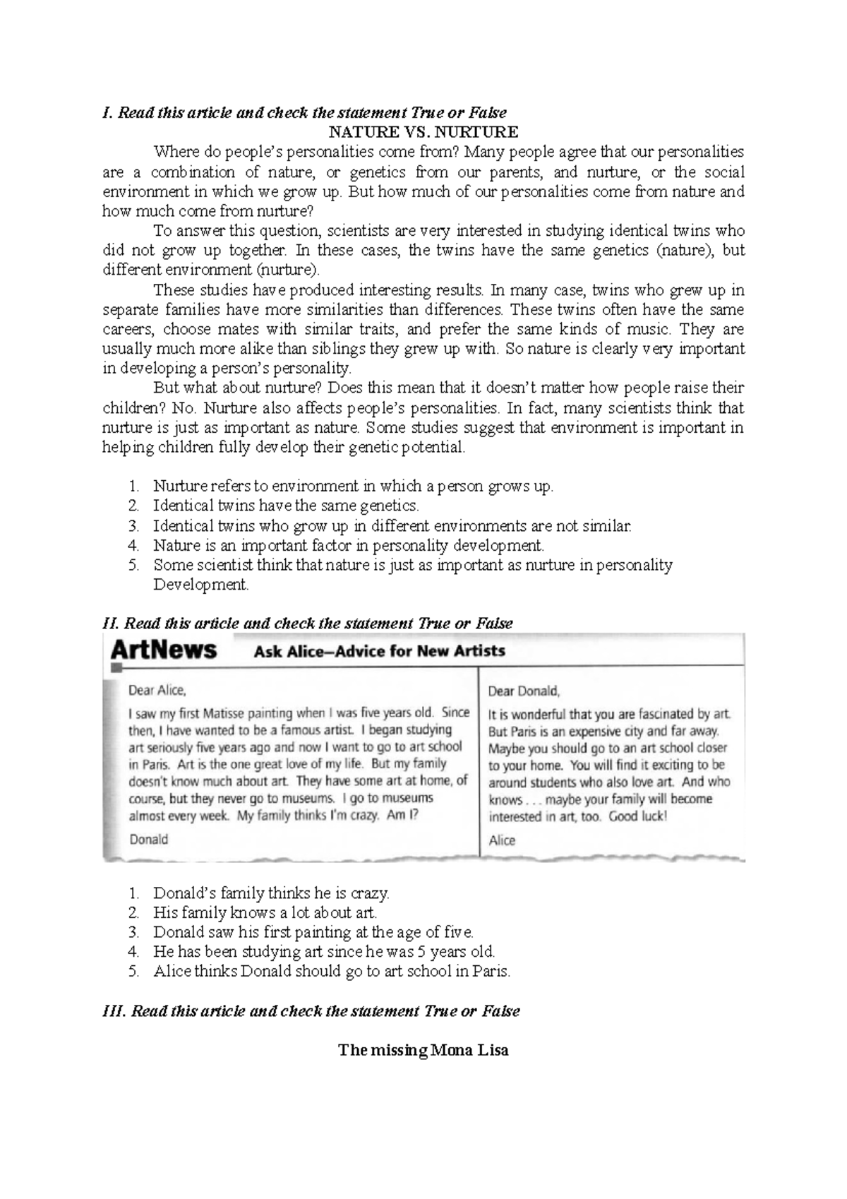 Reading - Practice - good - I. Read this article and check the ...