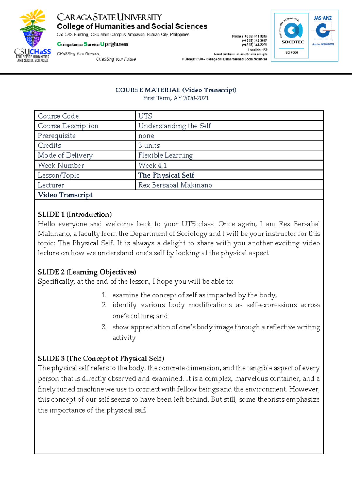 Script The Physical Self - COURSE MATERIAL (Video Transcript) First ...