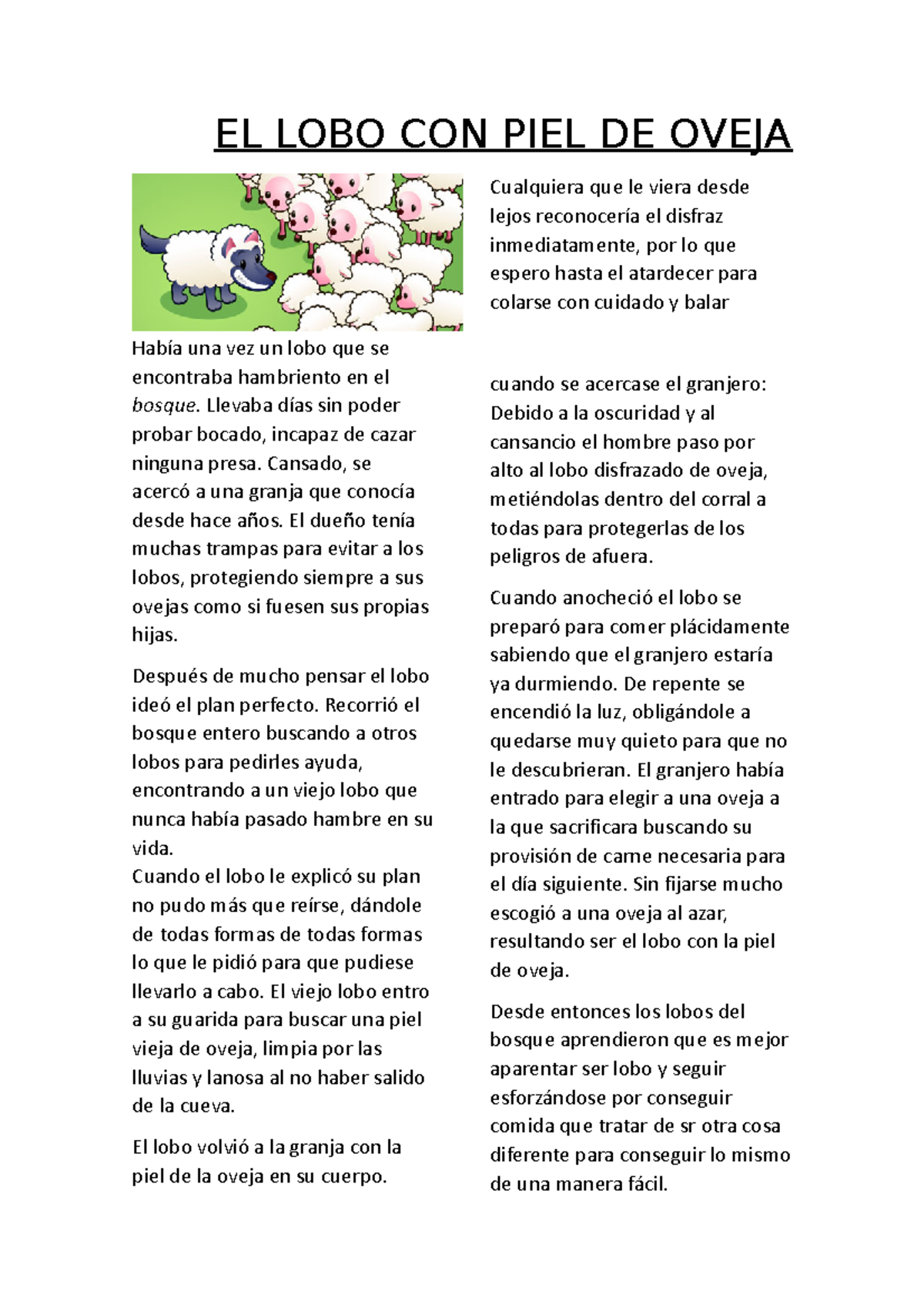 EL LOBO CON PIEL DE Oveja - EL LOBO CON PIEL DE OVEJA Había una vez un ...
