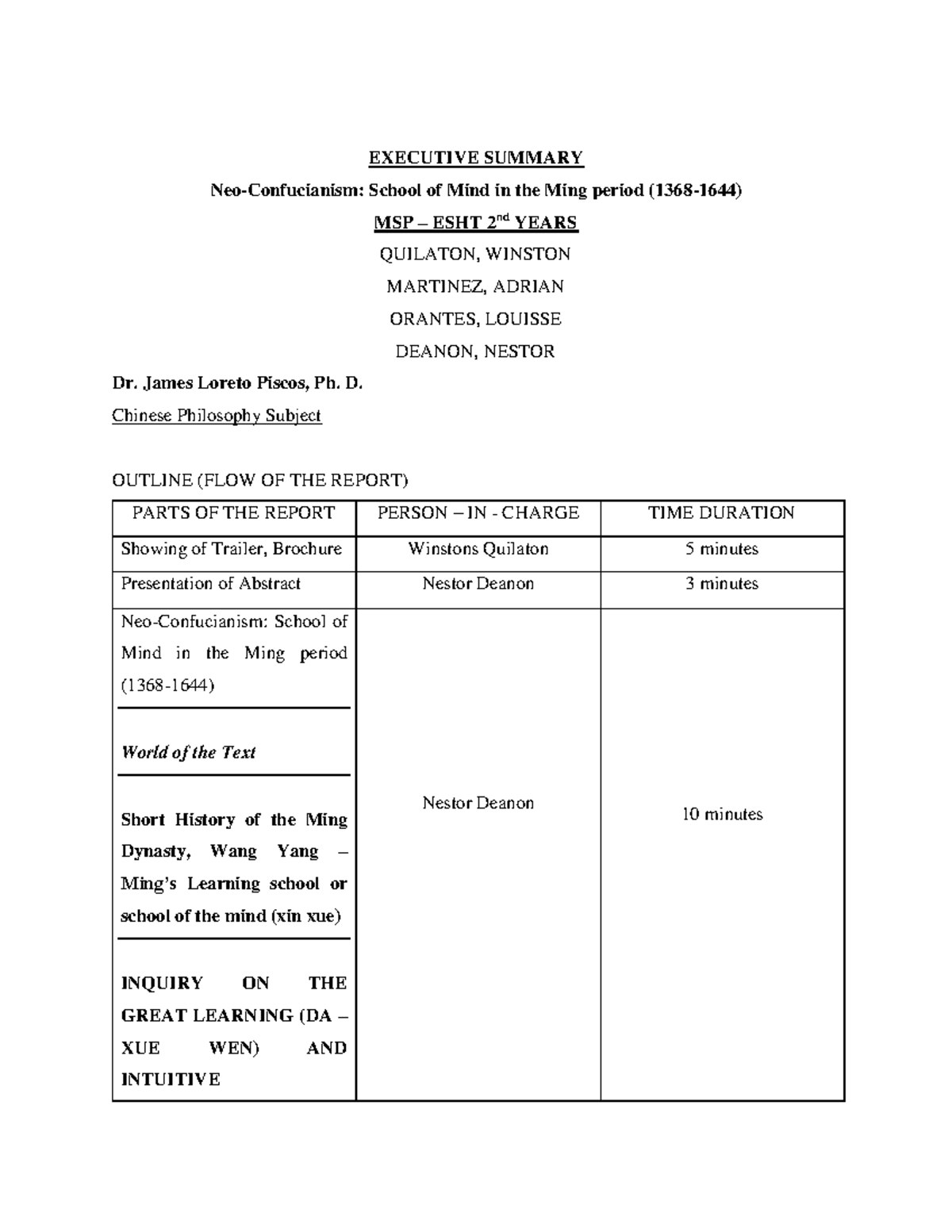 Executive Summary Wang Yang-ming - EXECUTIVE SUMMARY Neo-Confucianism ...