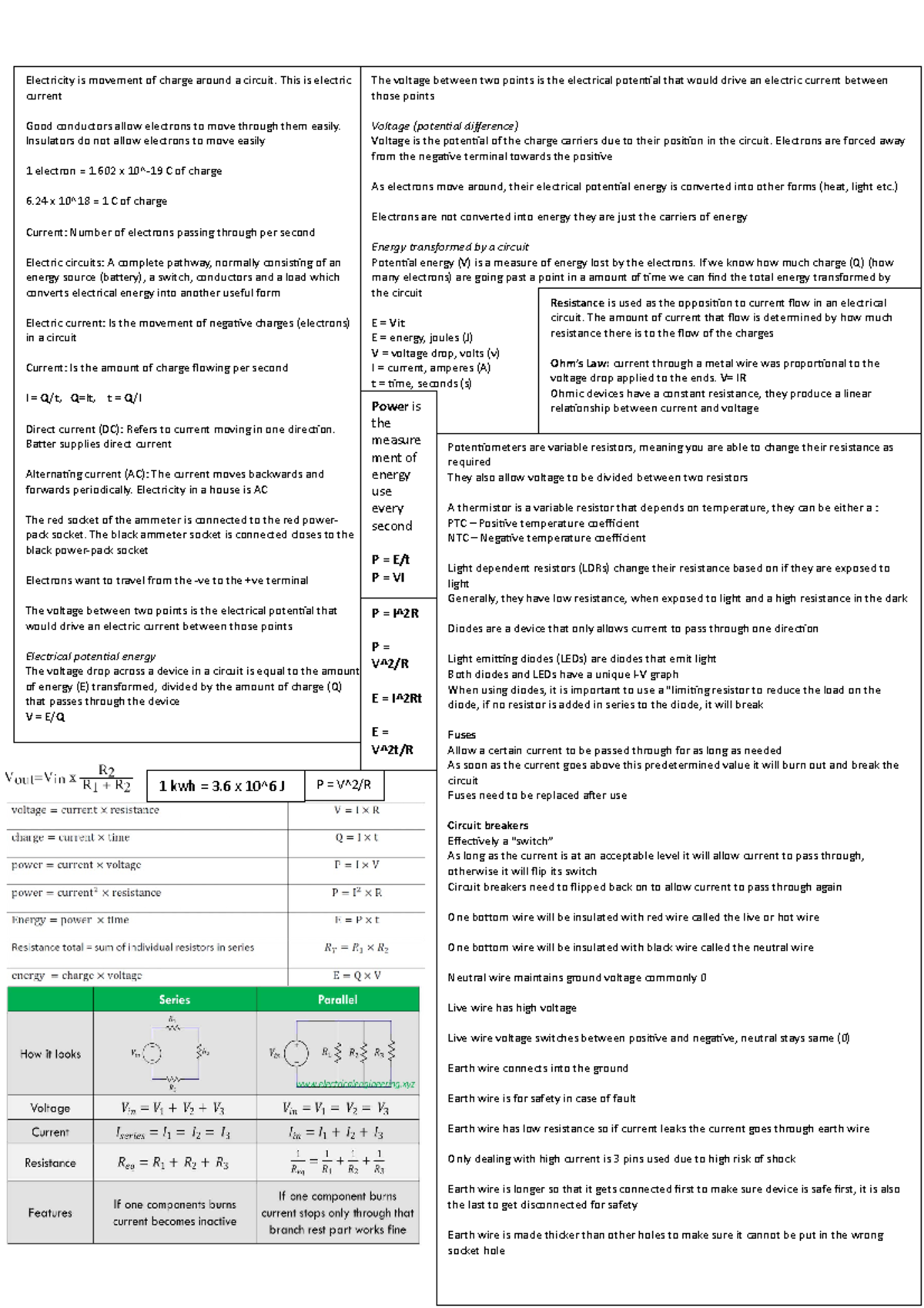 Phsyics Cheat Sheet Electricity - Electricity is movement of charge ...